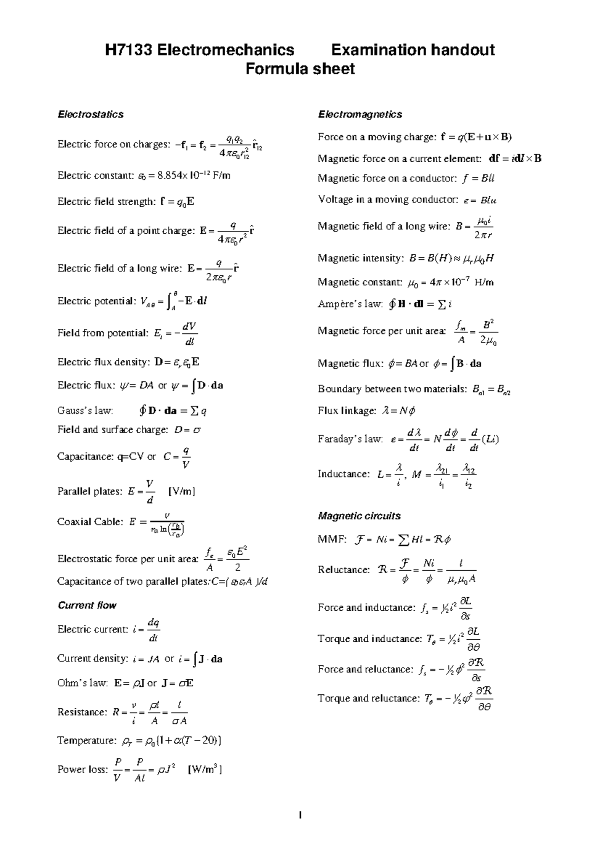 H7133 Electromechanics Exam Handout Formula Sheet May 2024 - 1 H7133 Electromechanics ...