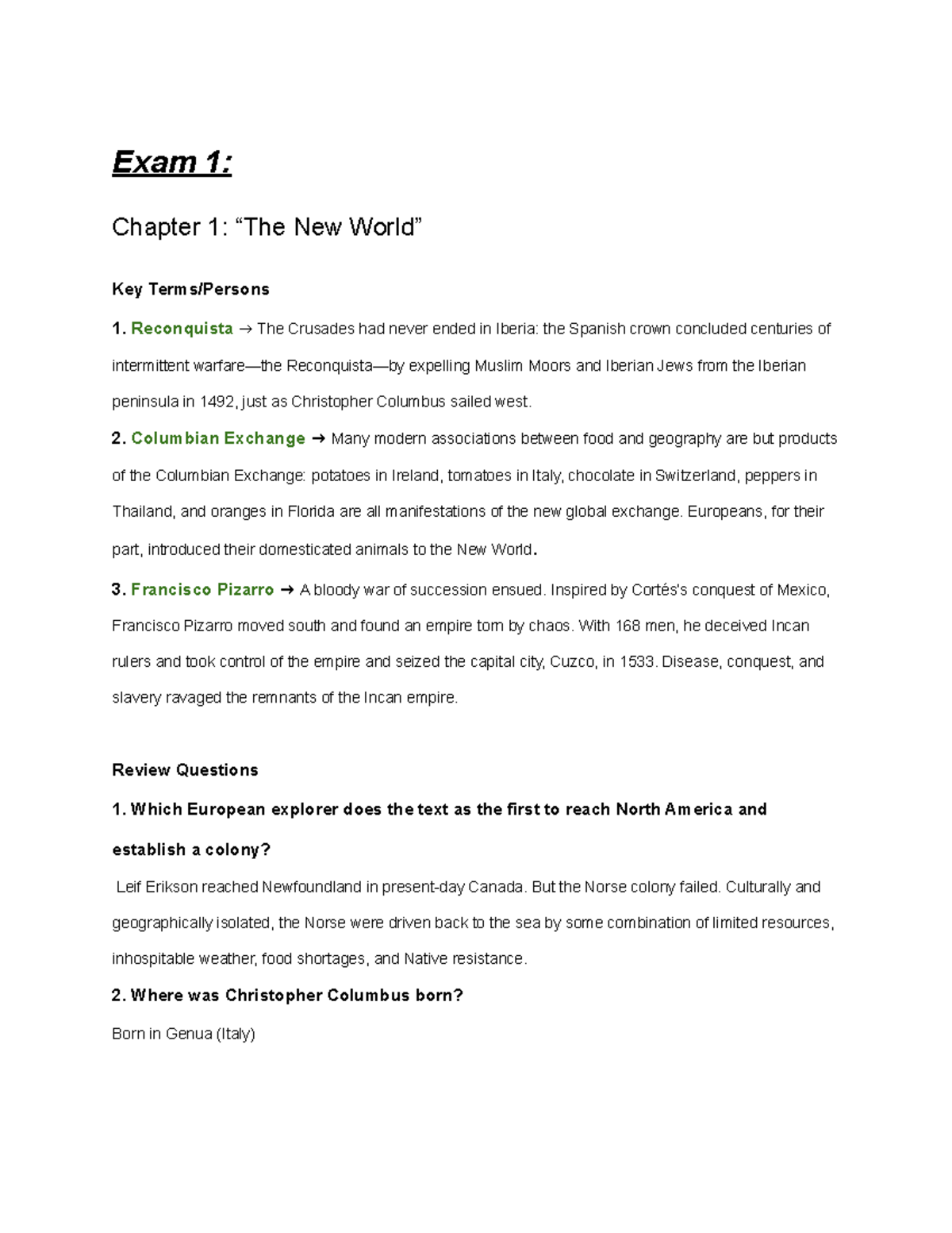 Exam 1 Study Guide - Exam 1: Chapter 1: “The New World” Key Terms ...