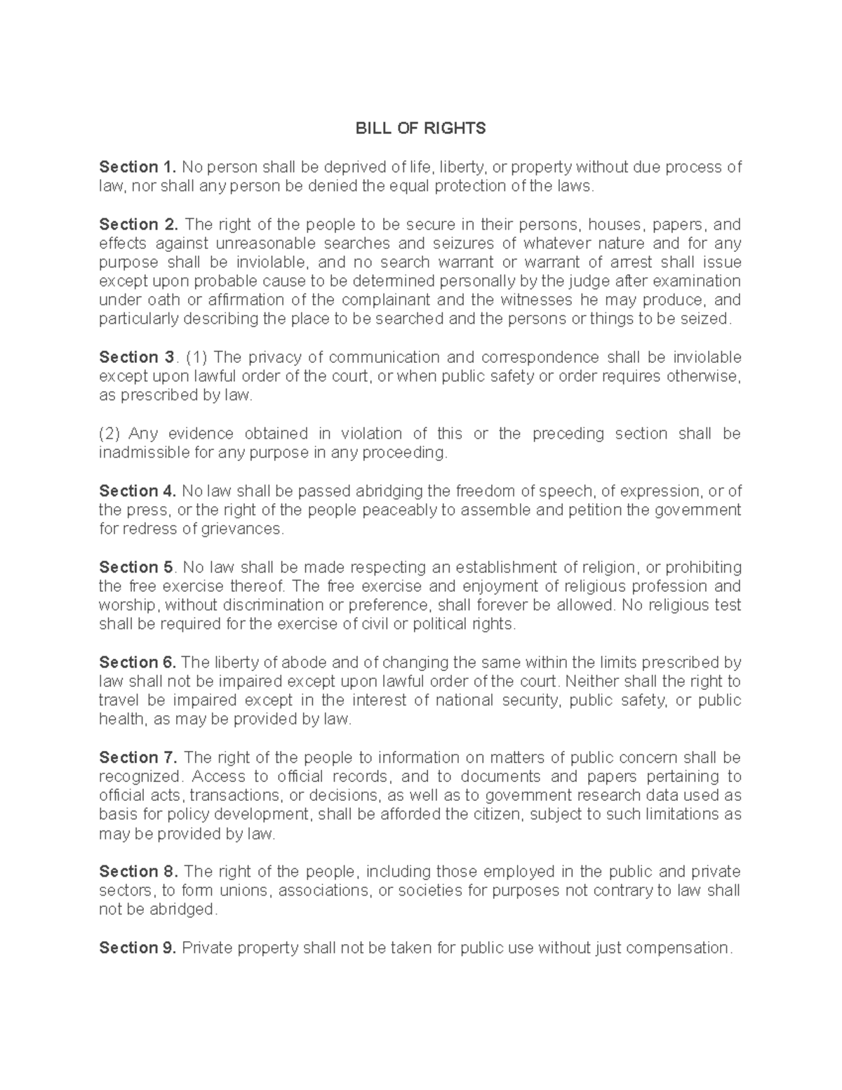 BILL-OF- Rights - Law Enforcement. - BILL OF RIGHTS Section 1. No person shall be deprived of ...