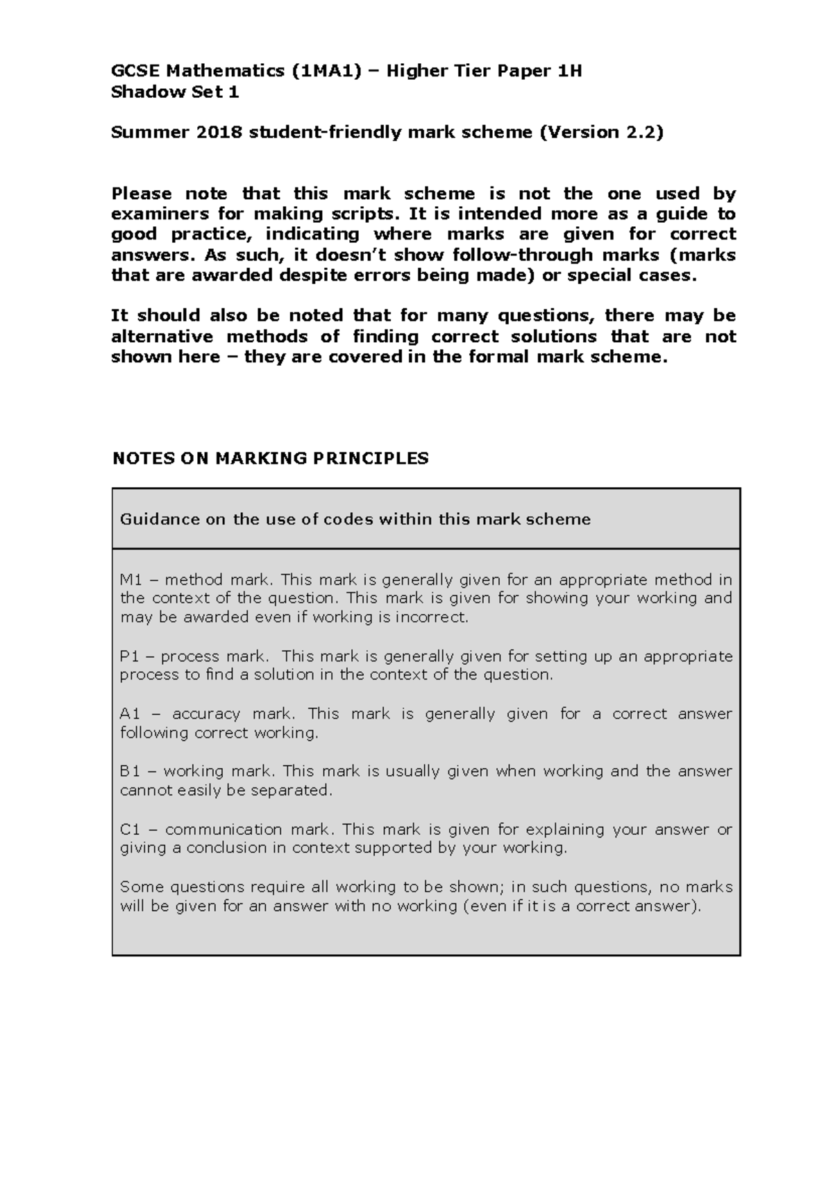 June 2018 Shadow Paper 1H MS Set 1 - GCSE Mathematics (1MA1) – Higher ...