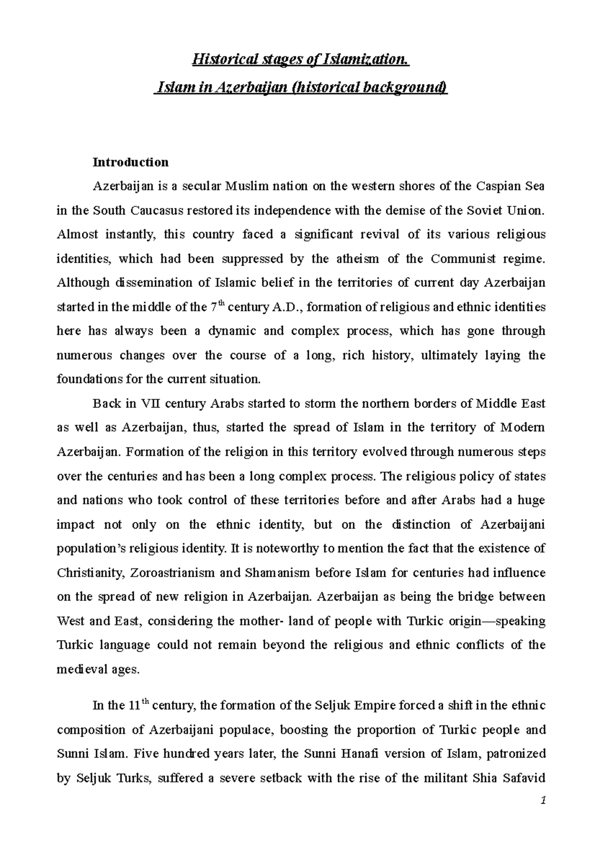 1 Historical background of Islam in Azerbaijan - Historical stages of ...