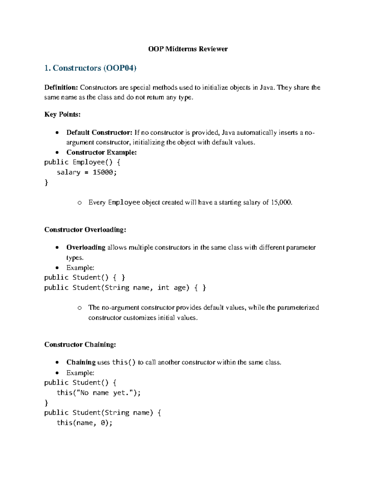 OOP-Midterms-Reviewer - OOP Midterms Reviewer 1. Constructors (OOP04) Definition: Constructors ...