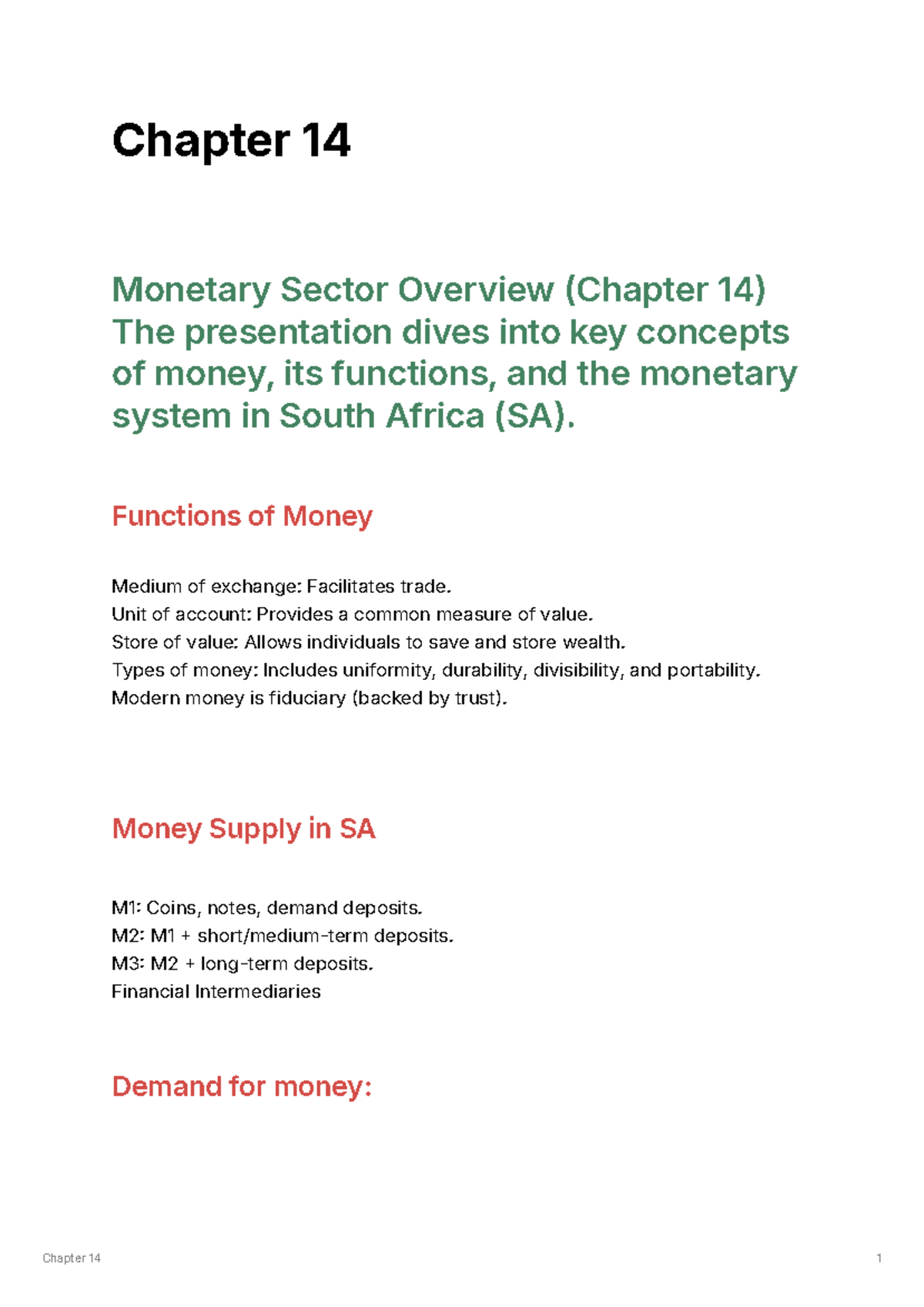 Chapter 14 Sum - Chapter 14 1 Chapter 14 Monetary Sector Overview ...