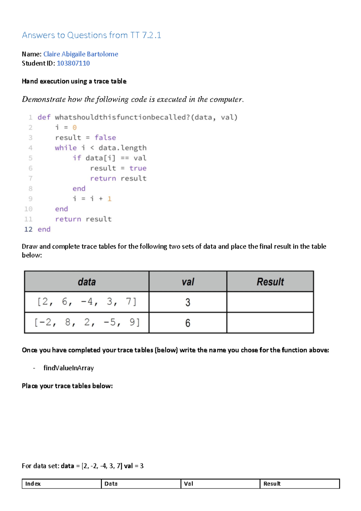 Tutorial Task Hand Execution Array Search Answers To Questions 0417