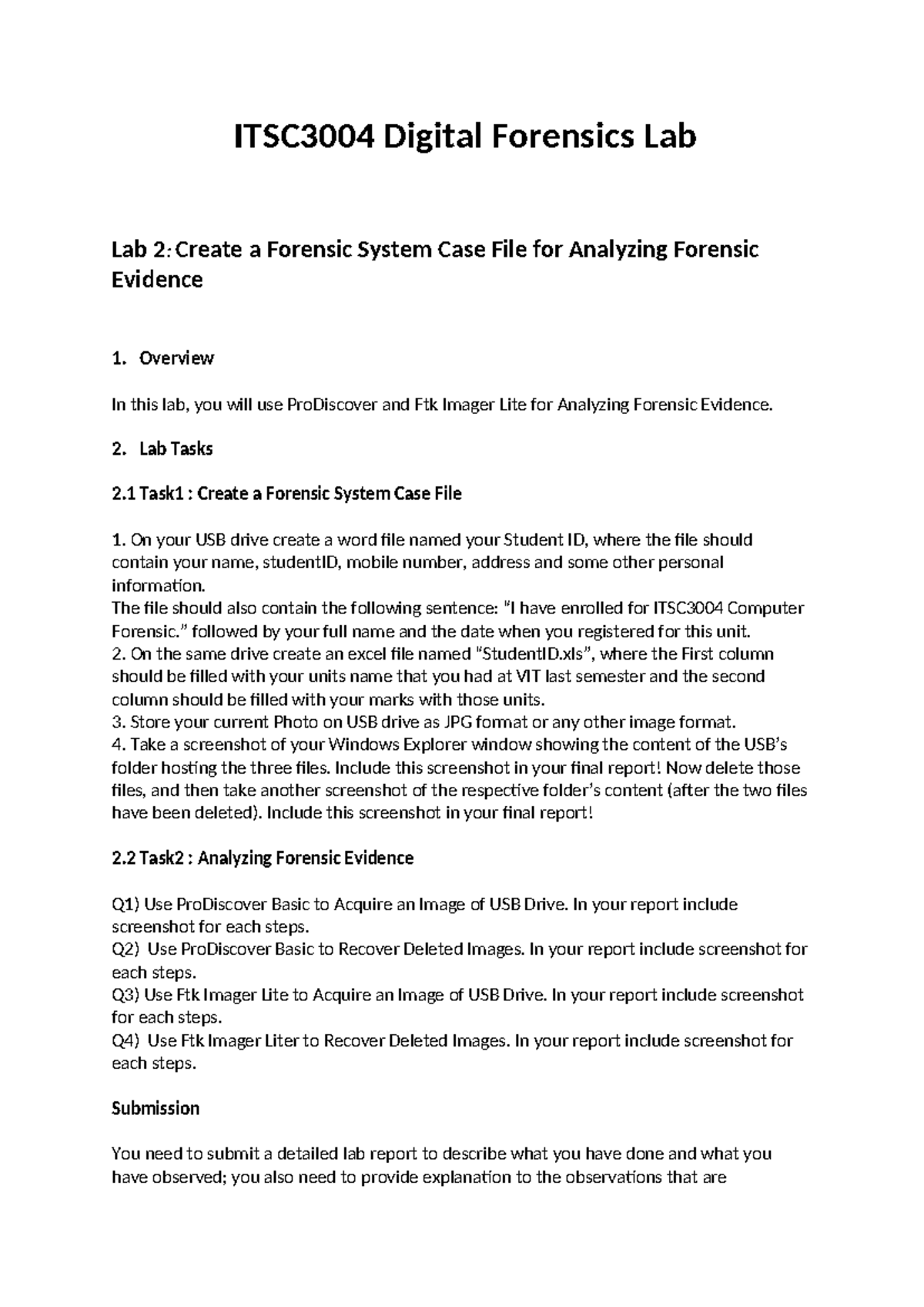 Lab 2 - ITSC3004 Digital Forensics Lab Lab 2: Create a Forensic System Case File for Analyzing ...