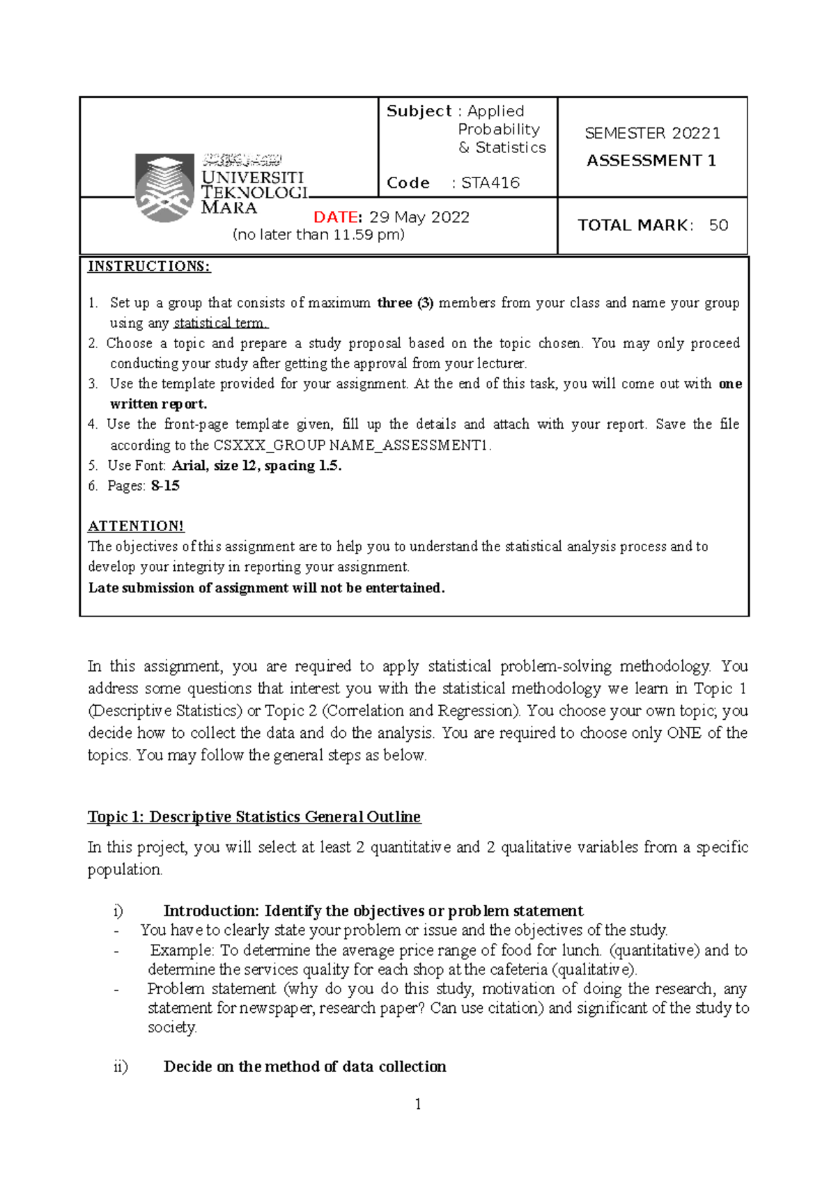 Group Project Intructions STA416 - Subject : Applied Probability & Statistics Code : STA - Studocu
