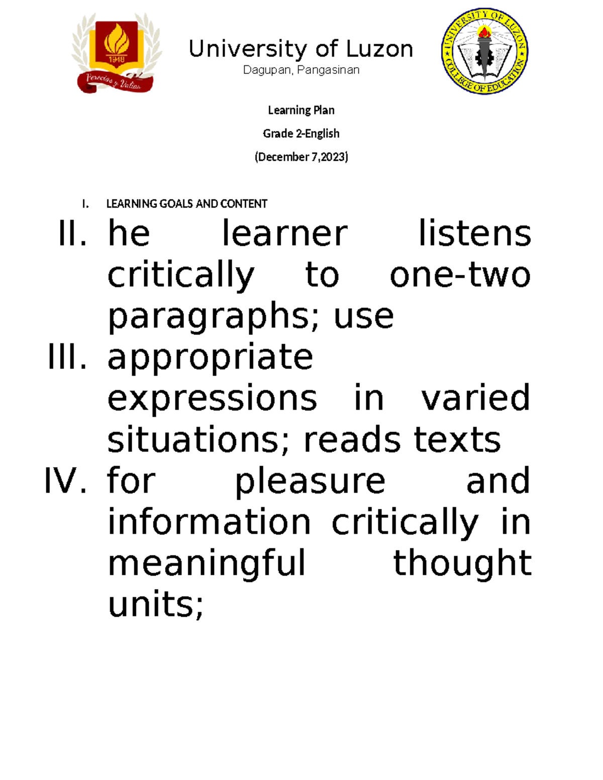 LP- English - Dagupan, Pangasinan Learning Plan Grade 2-English ...