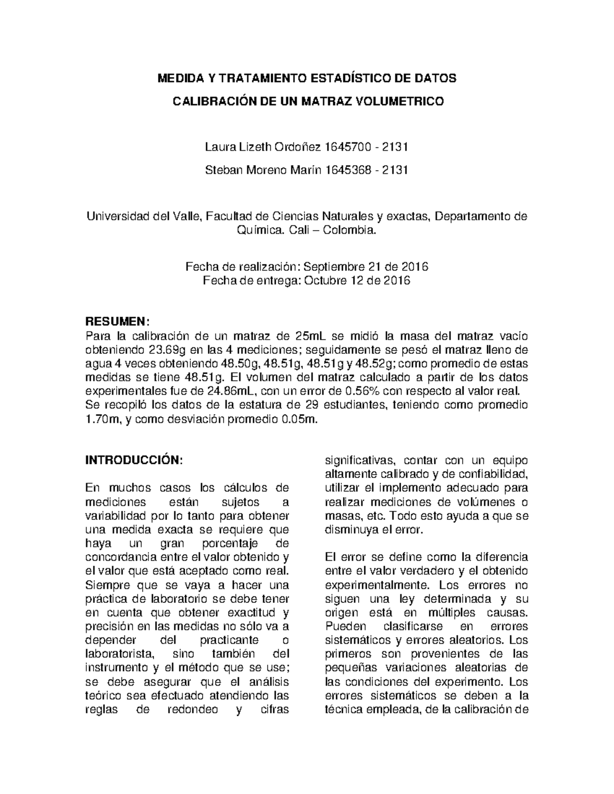 Laboratorio 2-Calibración Matraz-TQ - MEDIDA Y TRATAMIENTO ESTADÍSTICO ...