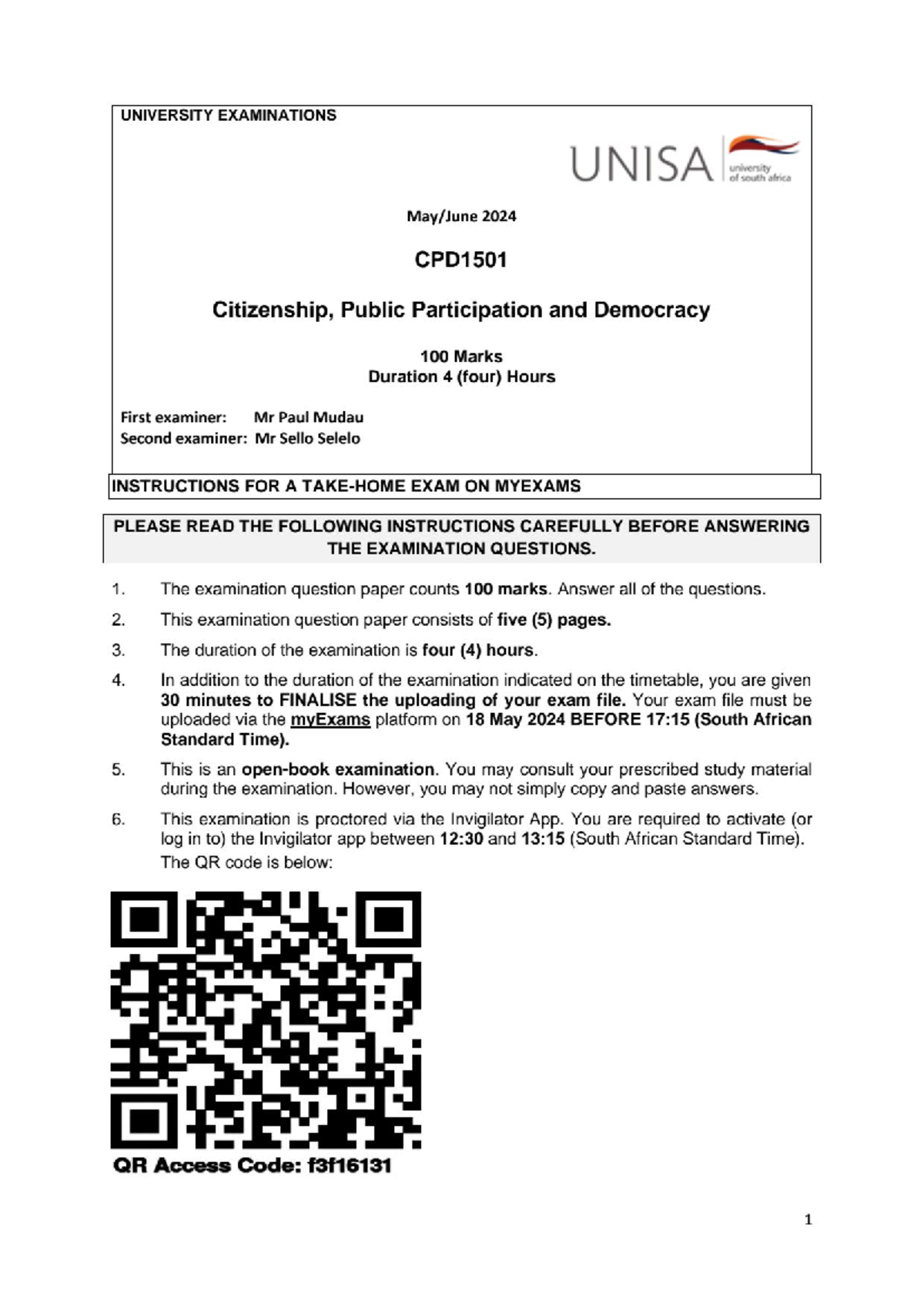 CPD1501%20May%202023%20Exam - UNIVERSITY EXAMINATIONS UNISA university ...