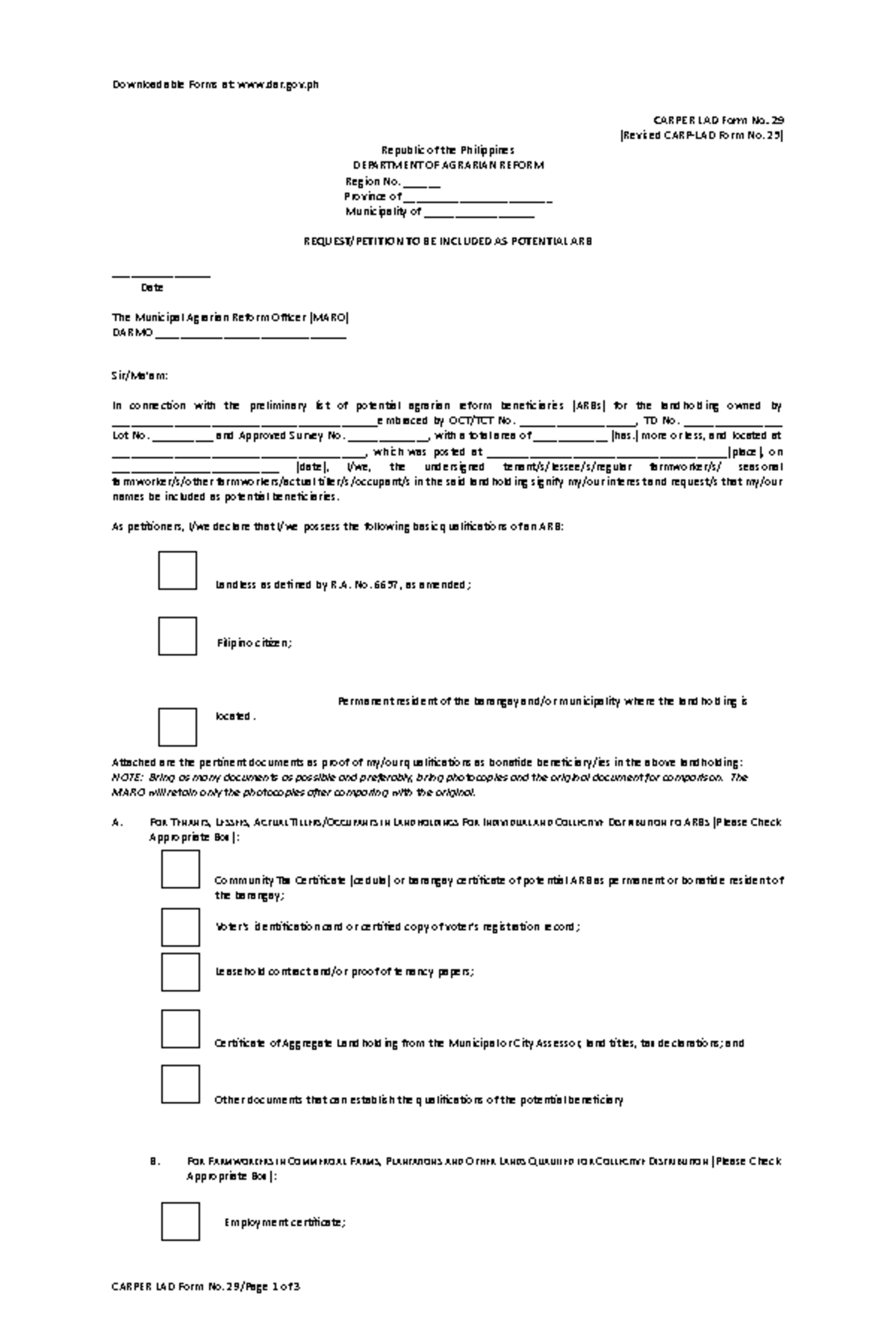 Carper lad form no 29 request petition to be included as p arbs ...