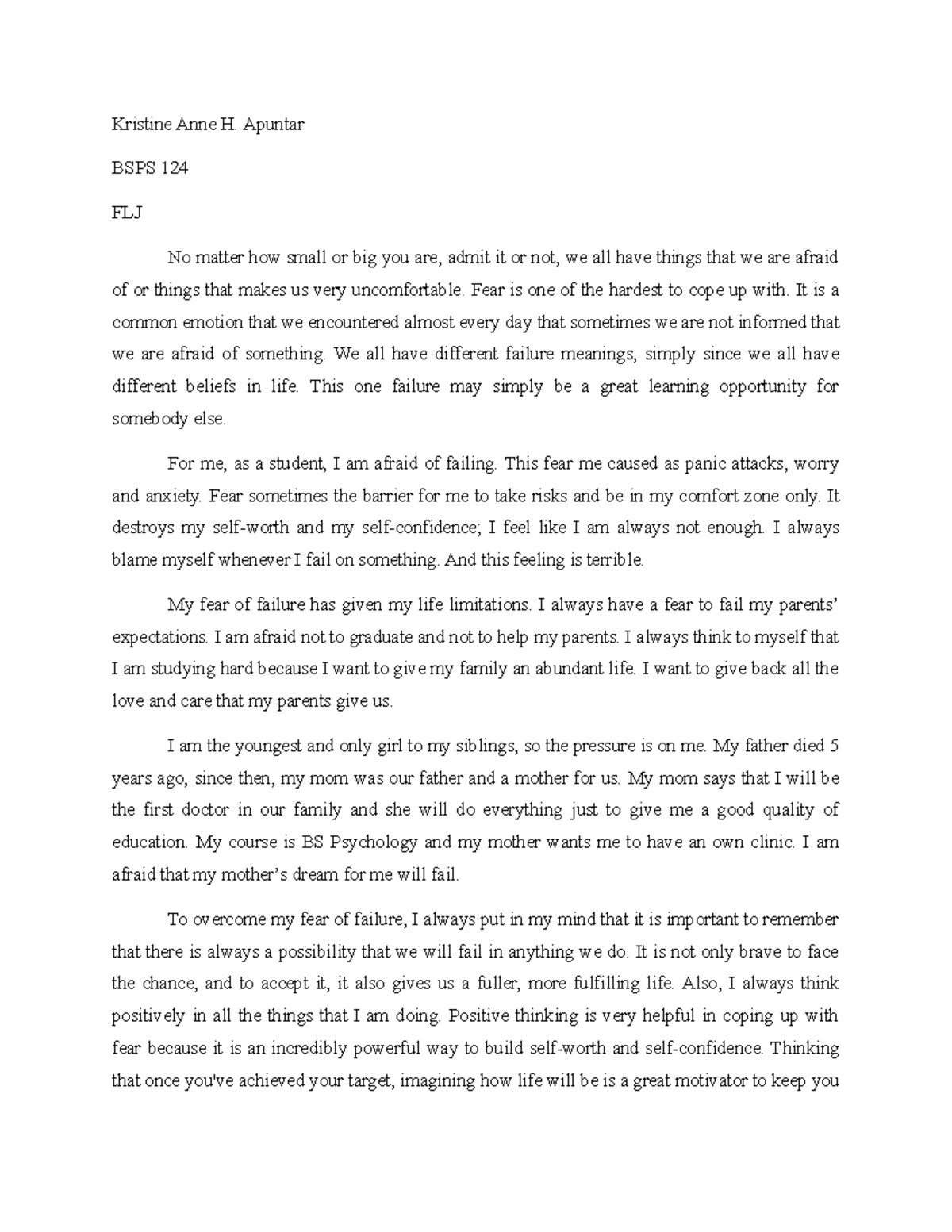 BK3 Greatest Fear as a Student - Kristine Anne H. Apuntar BSPS 124 FLJ ...