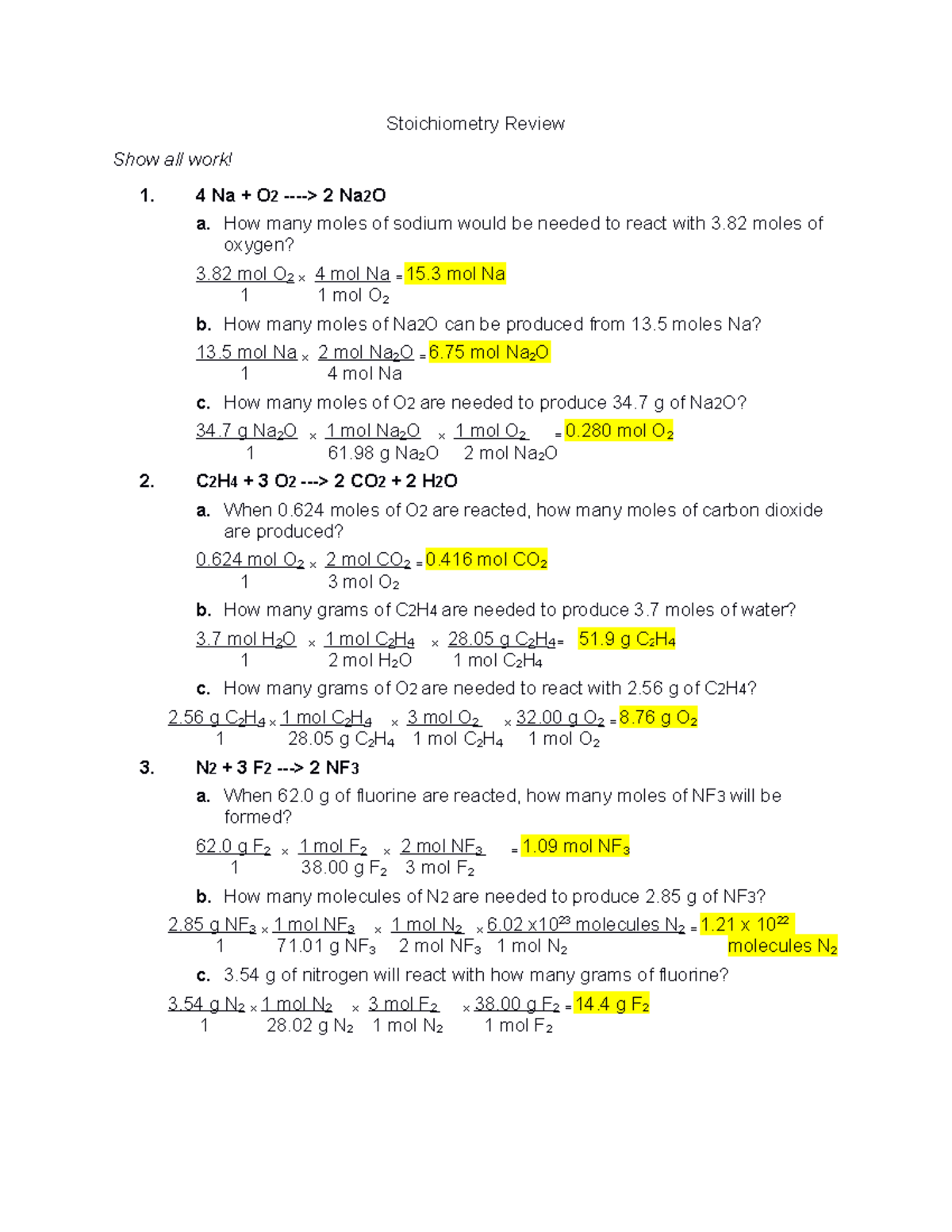 17 Stoichiometry Review Key 7 - Stoichiometry Review Show all work! 1 ...