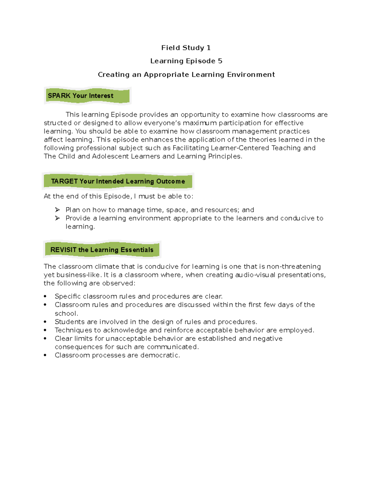 Vanessa episode 5 - field study - Field Study 1 Learning Episode 5 ...