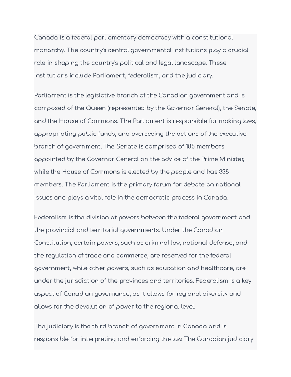POLY 221 Course Intro Essay 3 - Canada is a federal parliamentary ...