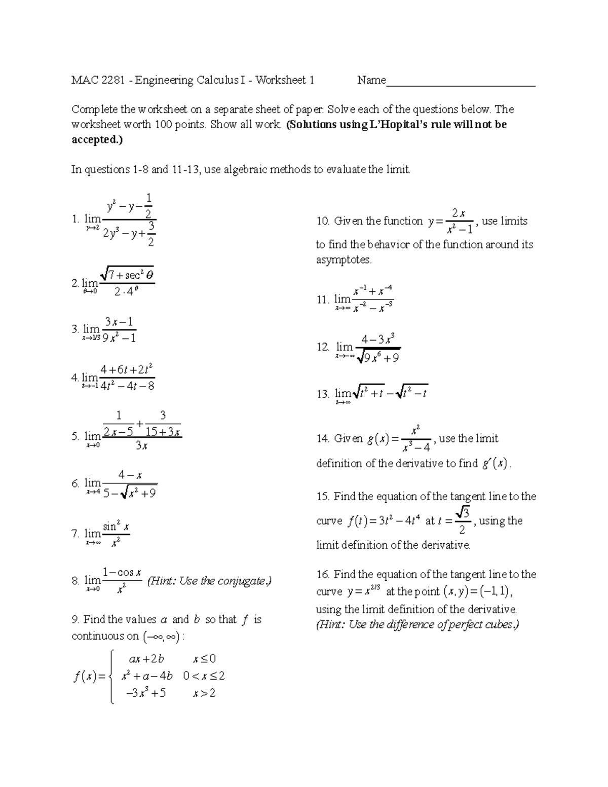 Worksheet 1 Practice - MAC 2281 - Engineering Calculus I - Worksheet 1 ...