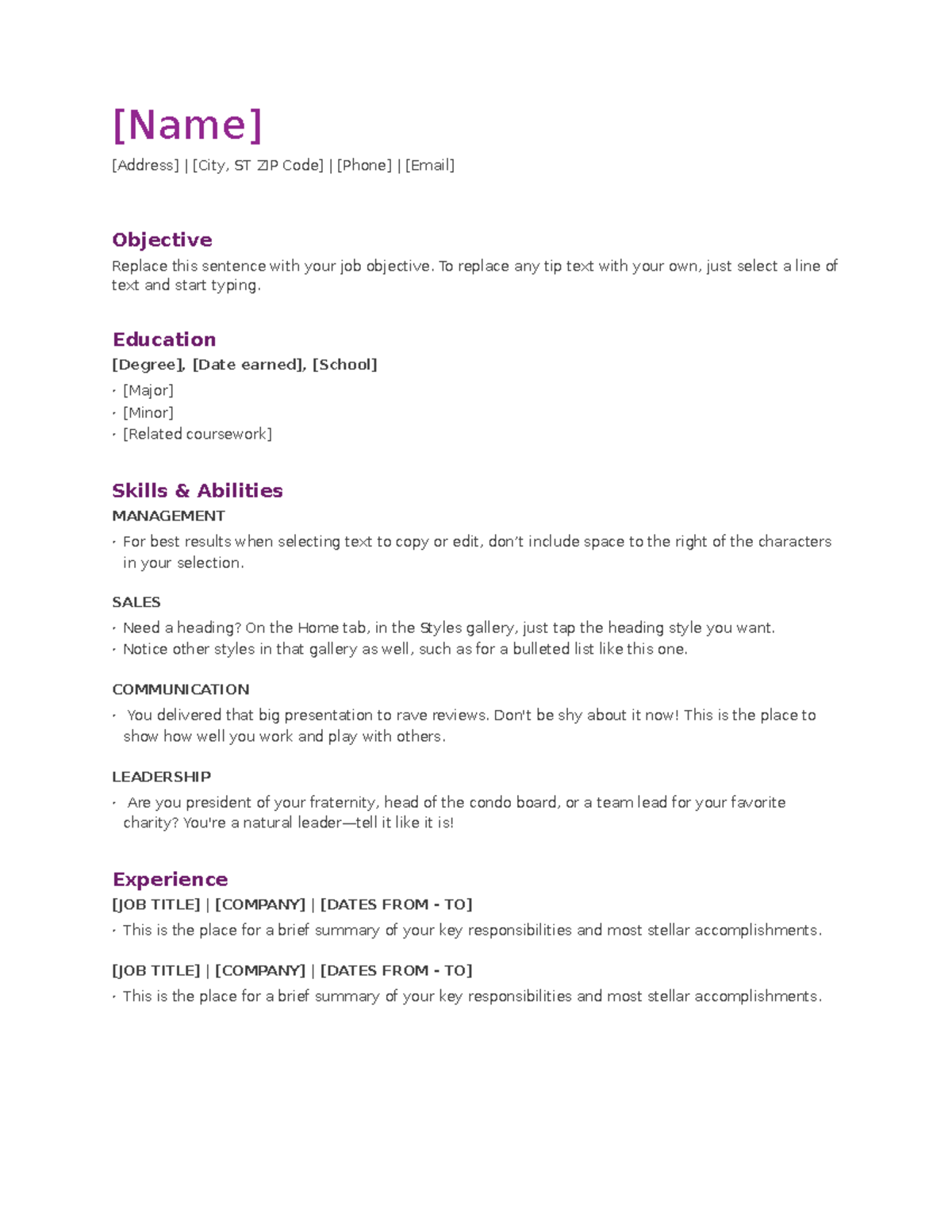 CV template 1 - note - [Name] [Address] | [City, ST ZIP Code] | [Phone ...