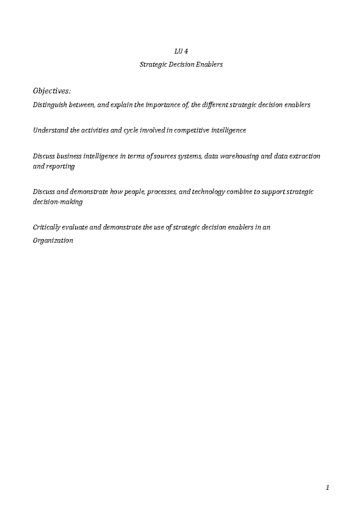 Learning Unit 4 - LU 4 Strategic Decision Enablers Objectives ...