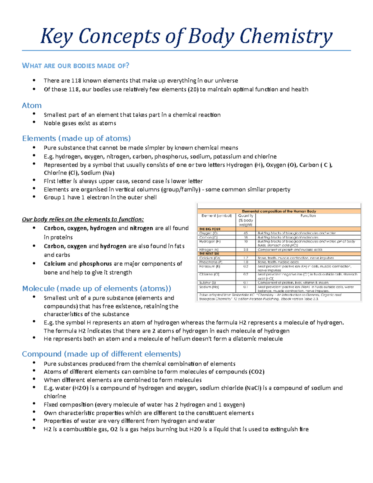 Summary - lecture 2 - Key Concepts of Body Chemistry - Key Concepts of ...