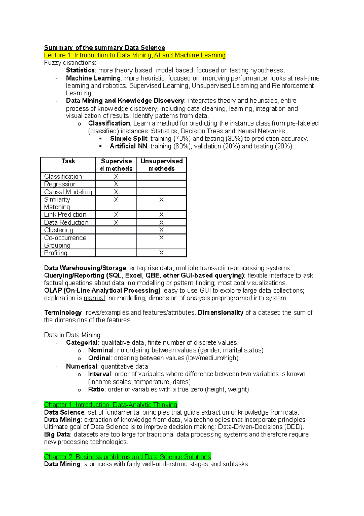 DSB Short Summary - Summary of the summary Data Science Lecture 1 ...