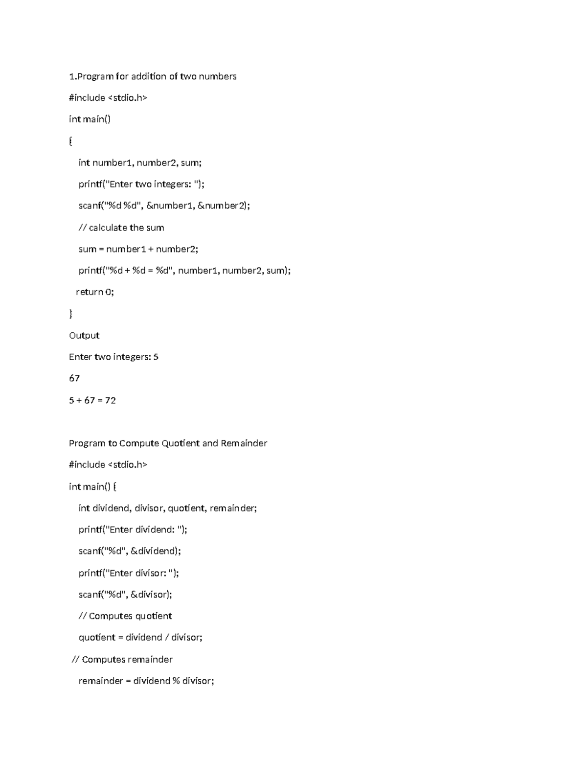 C simple prgrams - 1 for addition of two numbers #include int main ...