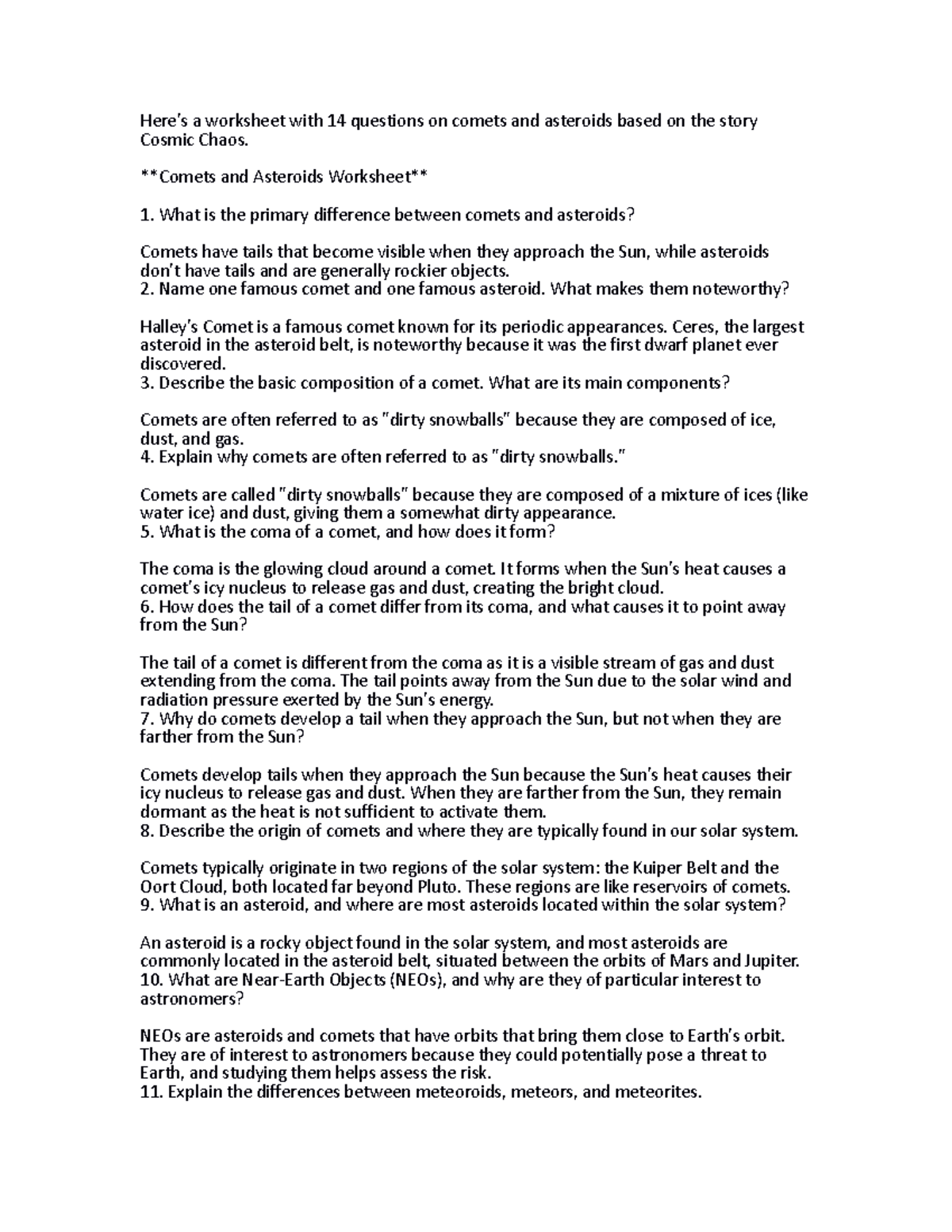 Cosmic Choas Questions - Here's a worksheet with 14 questions on comets ...