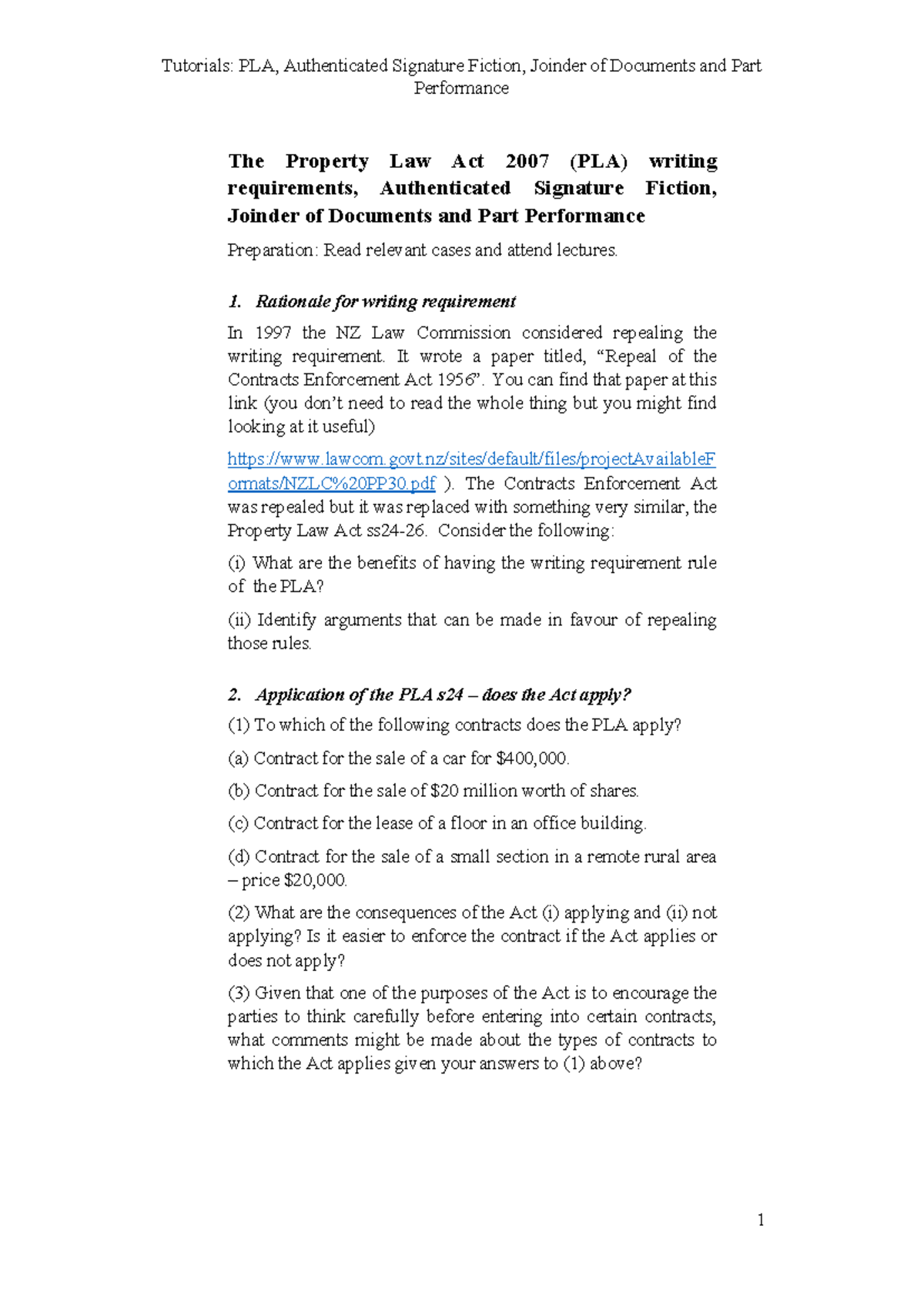 Tuts PLA and PP weeks 14 -15 - Performance The Property Law Act 2007 ...