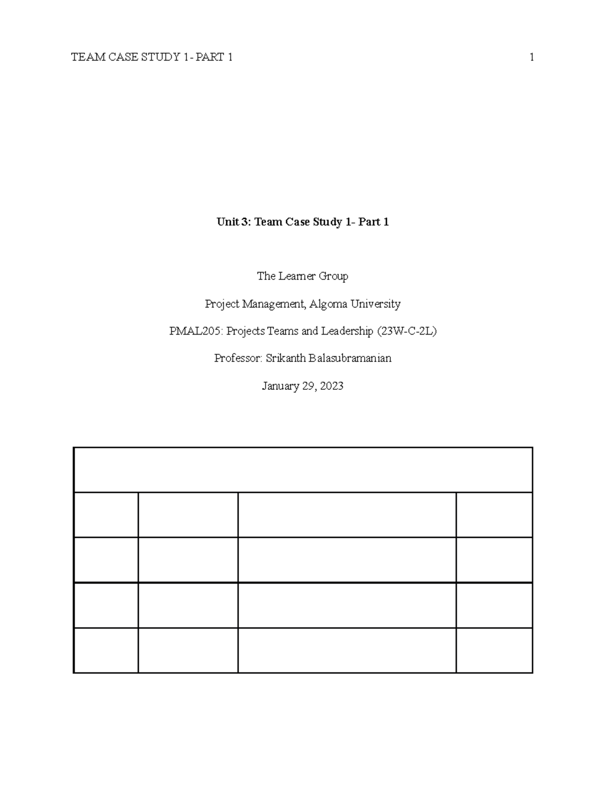 Case study - Unit 3: Team Case Study 1- Part 1 The Learner Group Project Management, Algoma ...