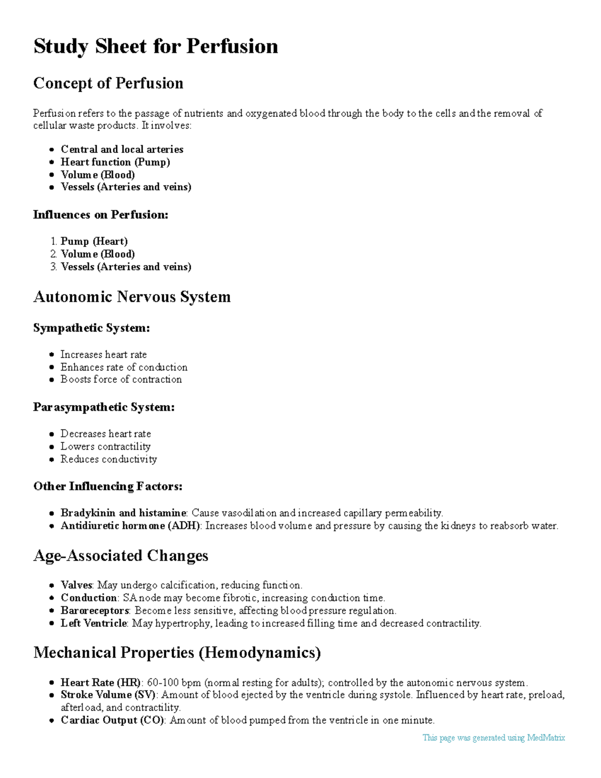 Cardiac Assessment Study Guide - Study Sheet for Perfusion Concept of ...
