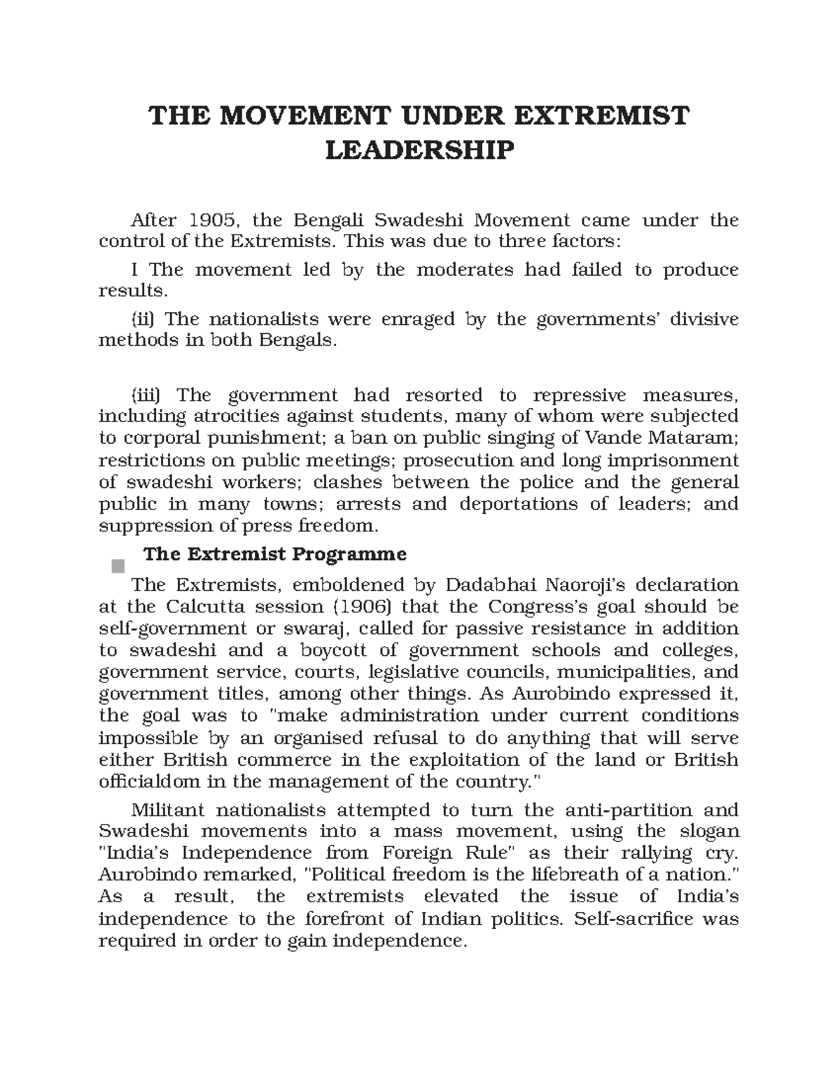 THE Movement Under Extremist Leadership - History of Modern India - Studocu