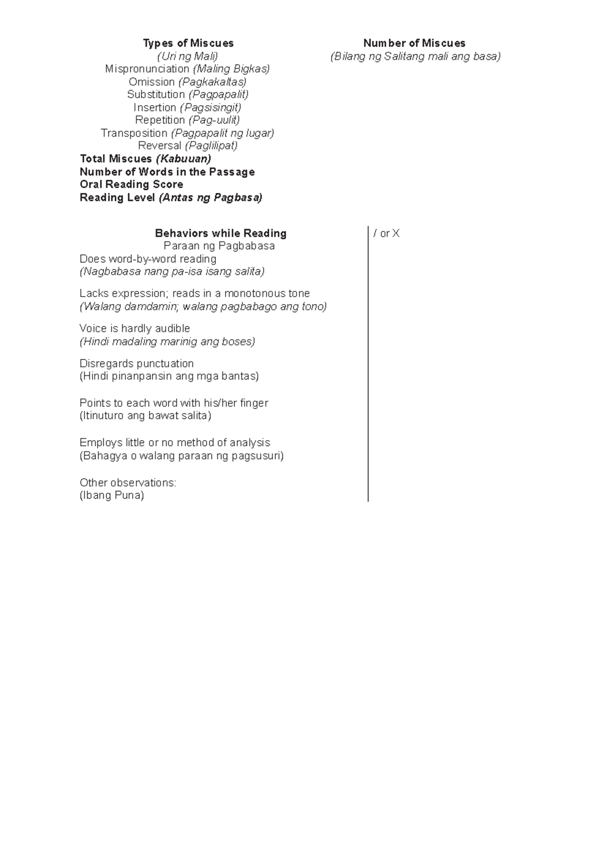 Grade 7 passage filipino - Types of Miscues (Uri ng Mali) Number of ...