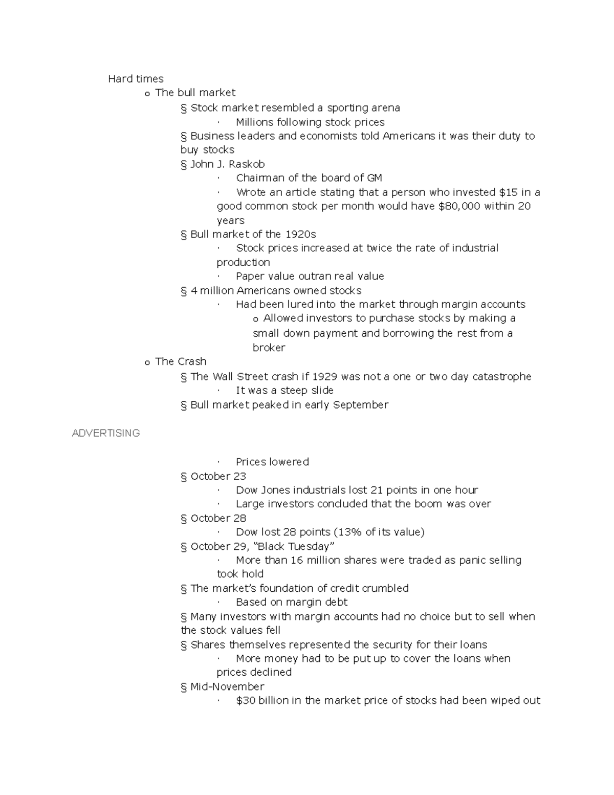The Great Depression and the New Deal - Hard times o The bull market ...