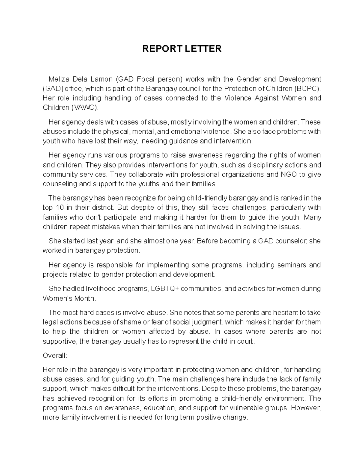 Report Letter - Nsjksnzbxn - REPORT LETTER Meliza Dela Lamon (GAD Focal ...