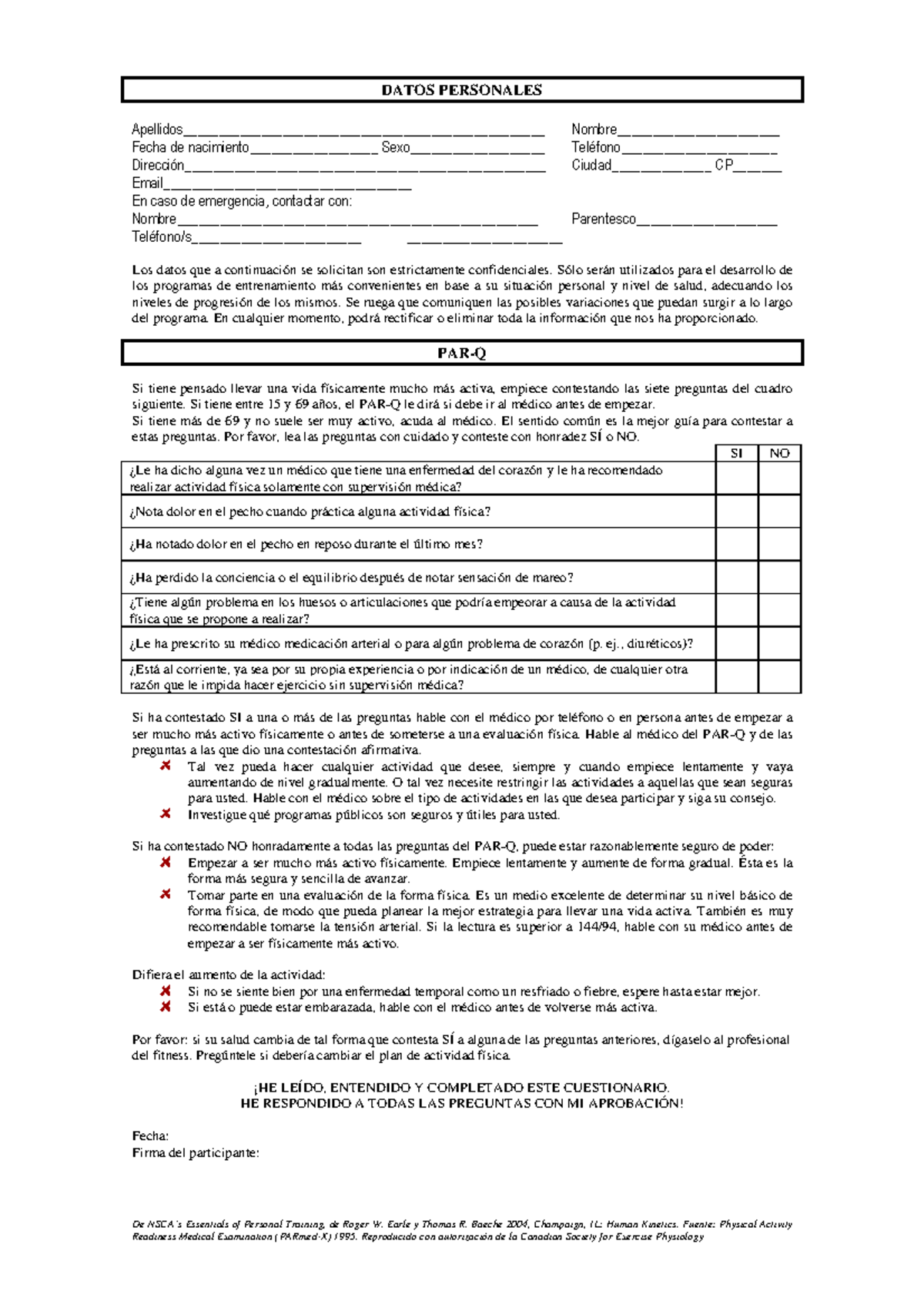 Par-Q - Test para empezar la preparación de la actividad física - DATOS ...