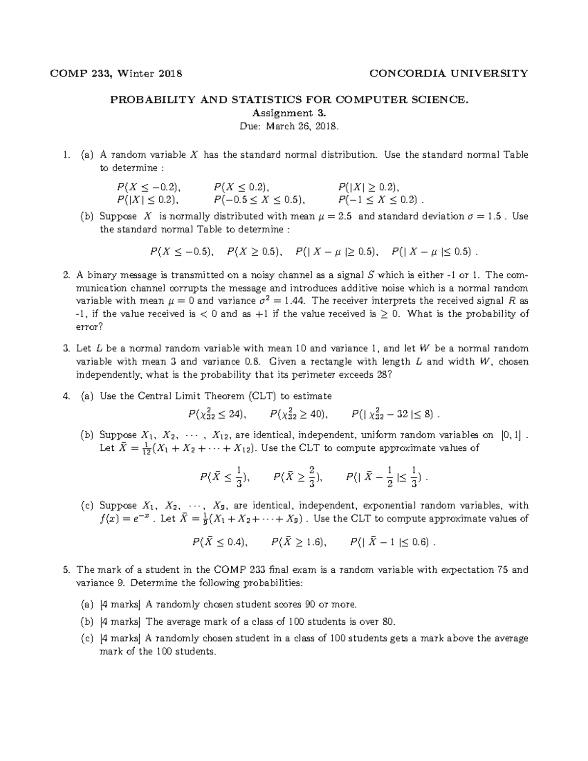 Hw3 - comp 233 work - COMP 233, Winter 2018 CONCORDIA UNIVERSITY PROBABILITY AND STATISTICS FOR ...