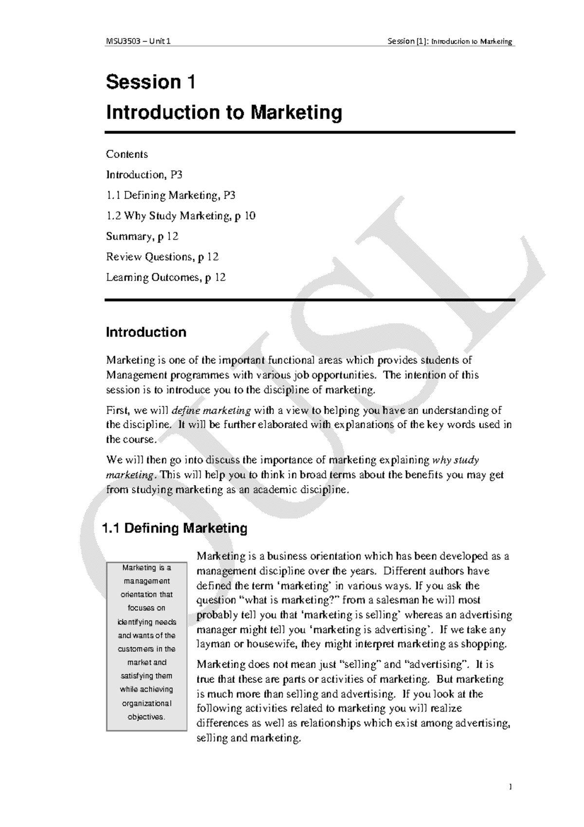 Block 01 - MSU3503 3 Unit 1 Session [1]: Introduction to Marketing ...