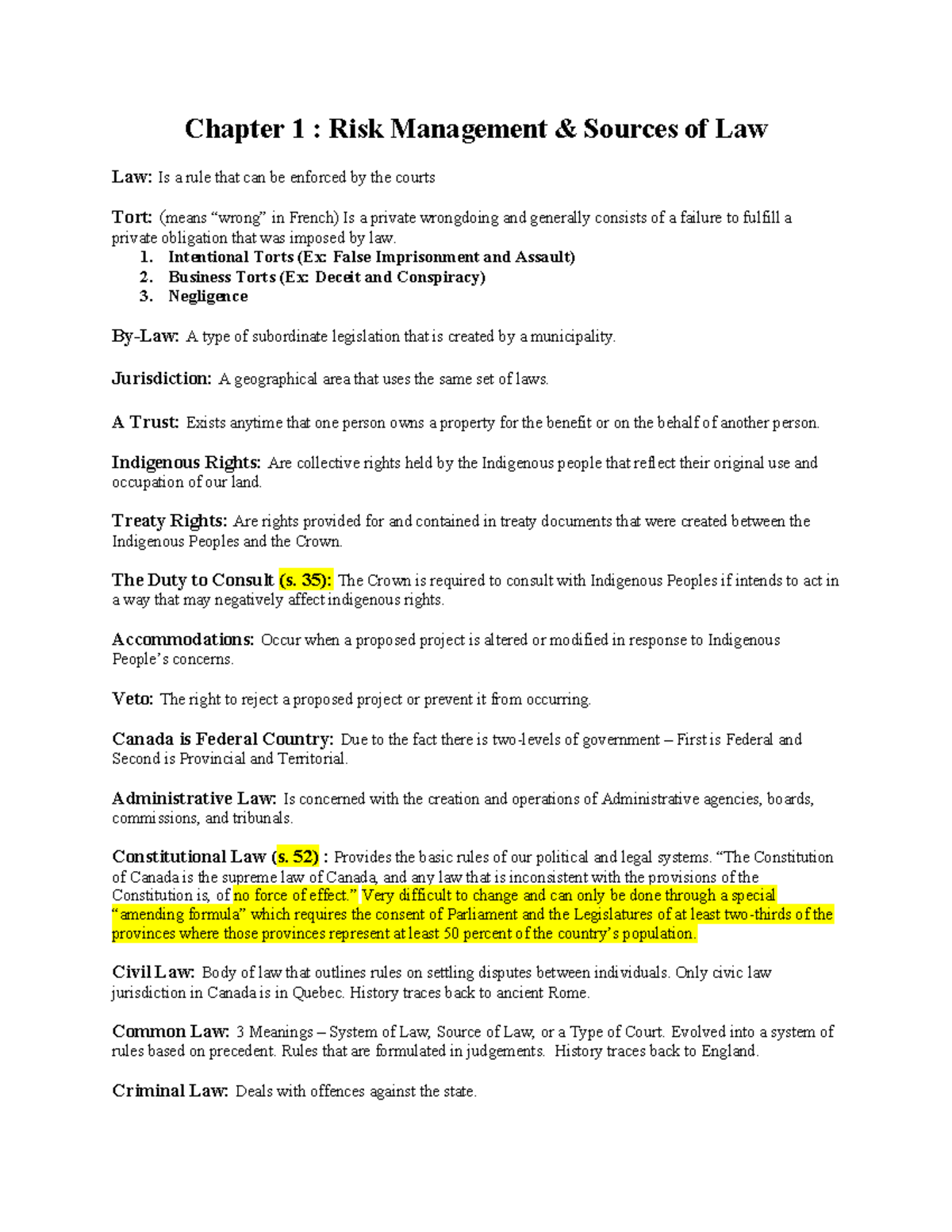 Chapters 1-6 - Buiness Law - Chapter 1 : Risk Management & Sources of ...