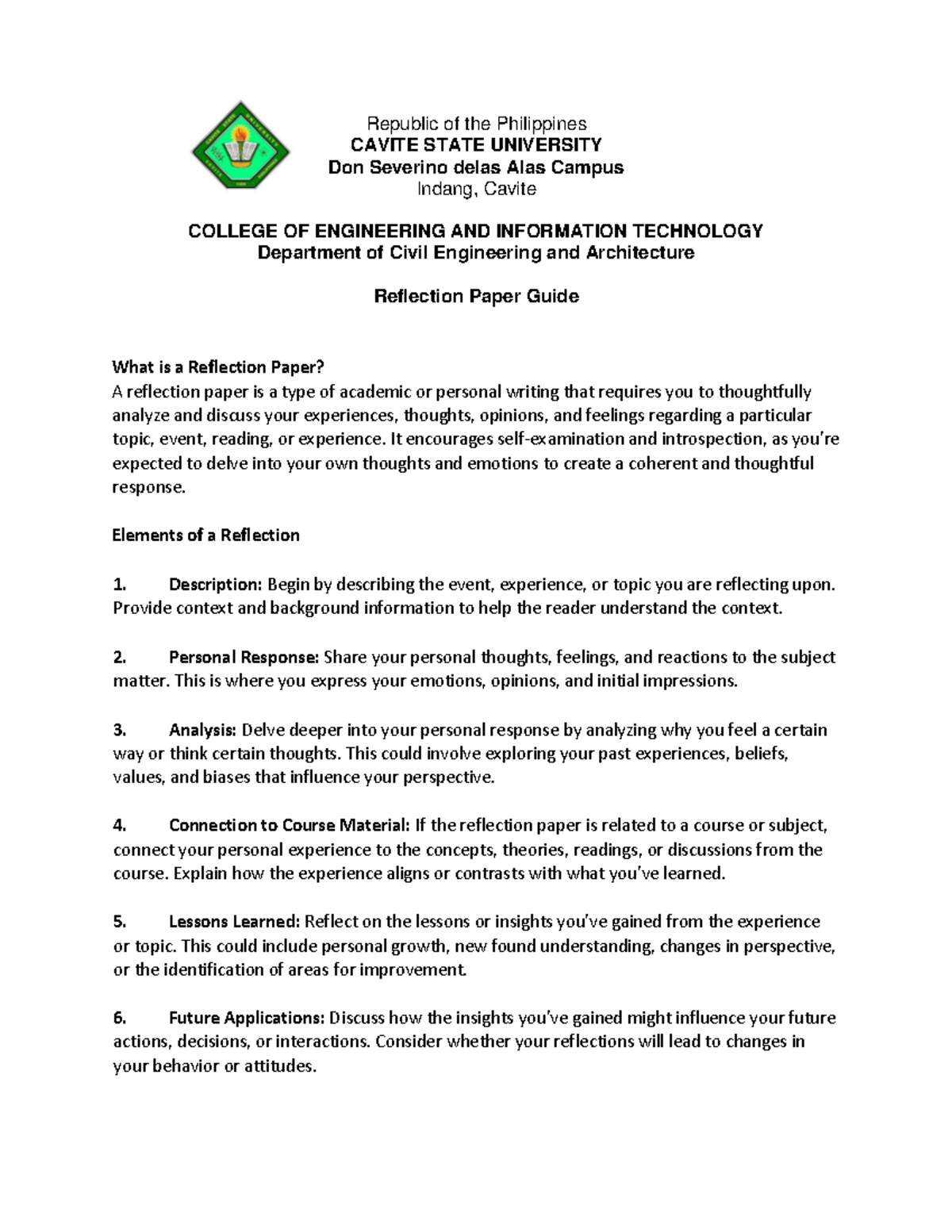 Preparing A Reflection Paper - Republic of the Philippines CAVITE STATE ...