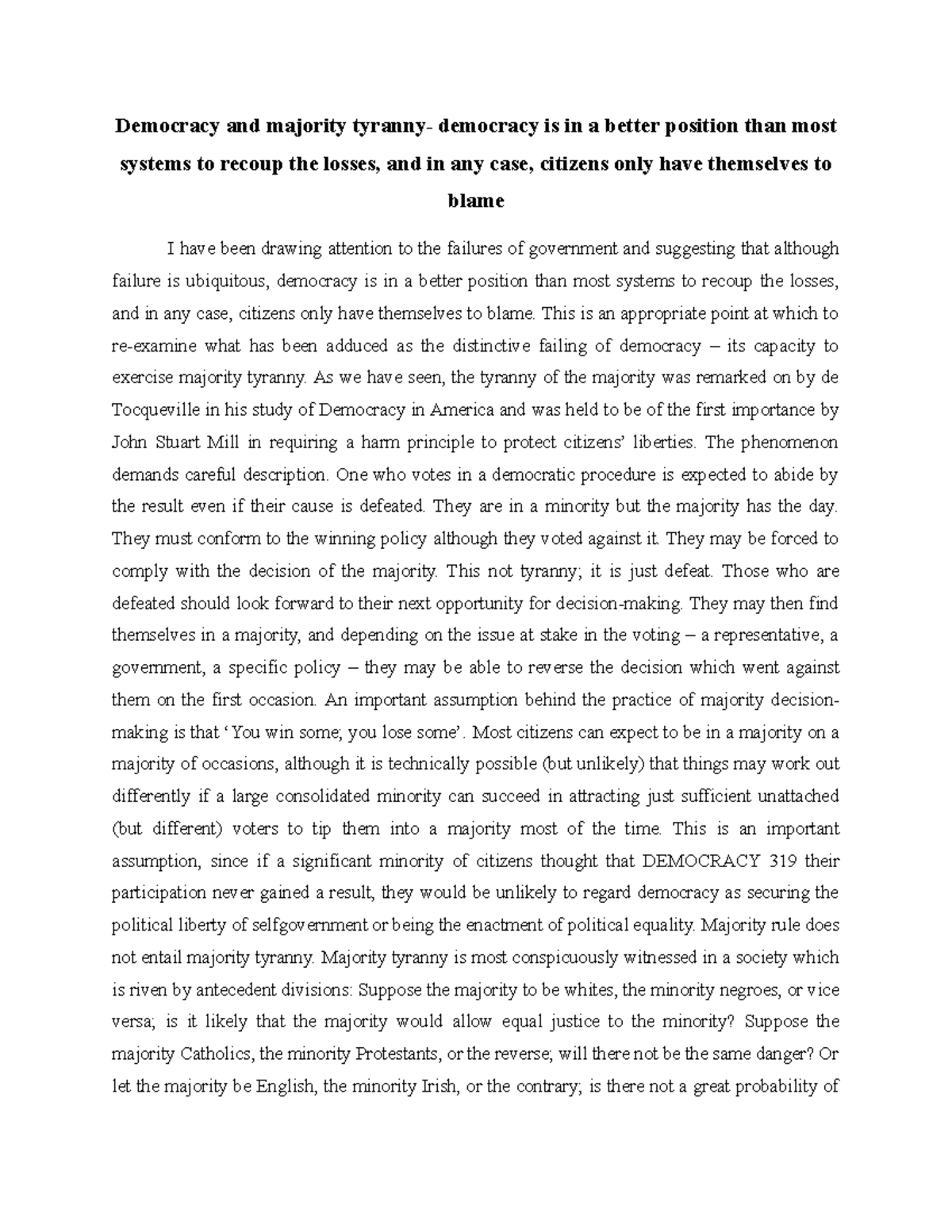 Democracy and majority tyranny - This is an appropriate point at which ...