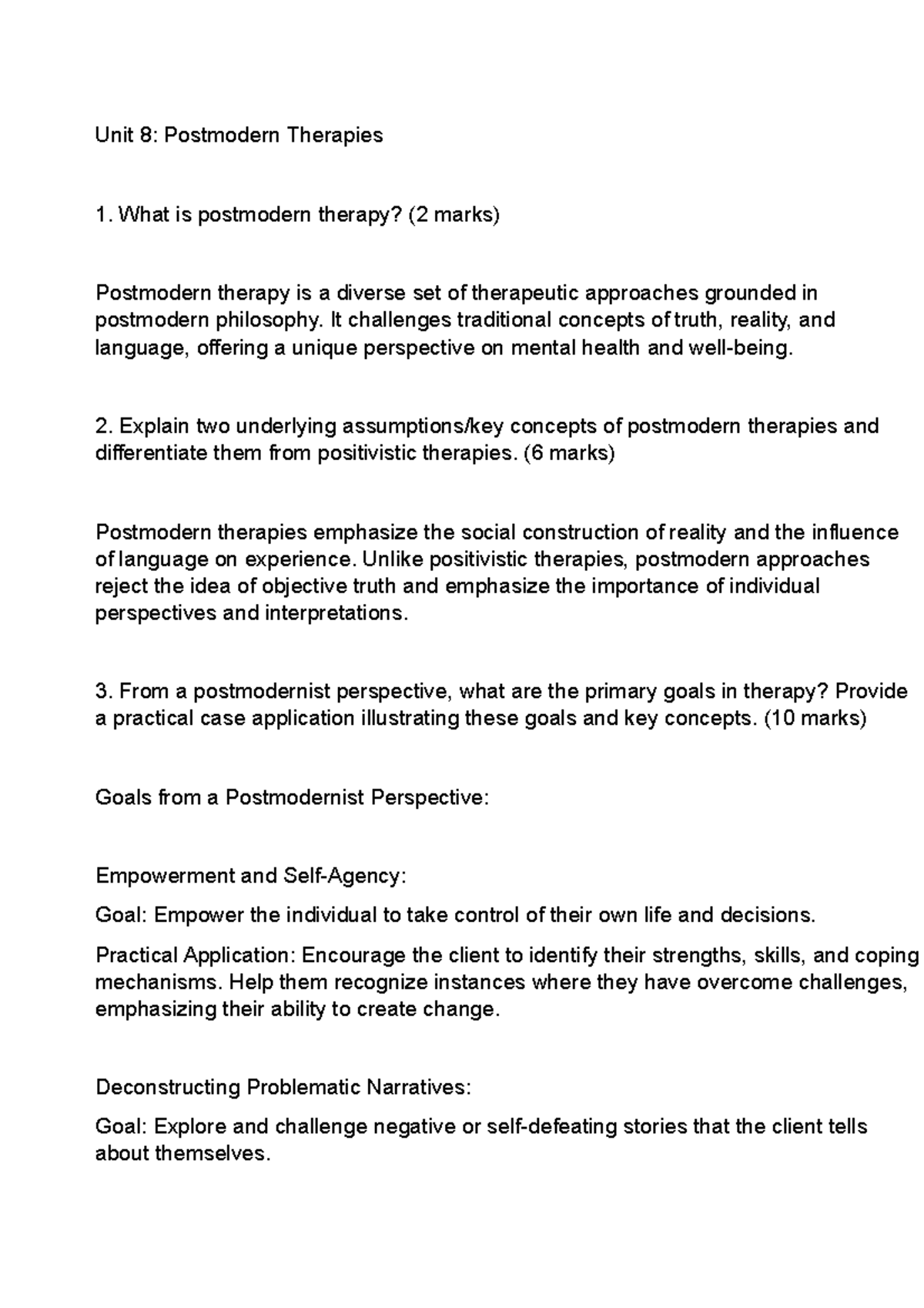 Ptsh questions - Test preparations - Unit 8: Postmodern Therapies What ...