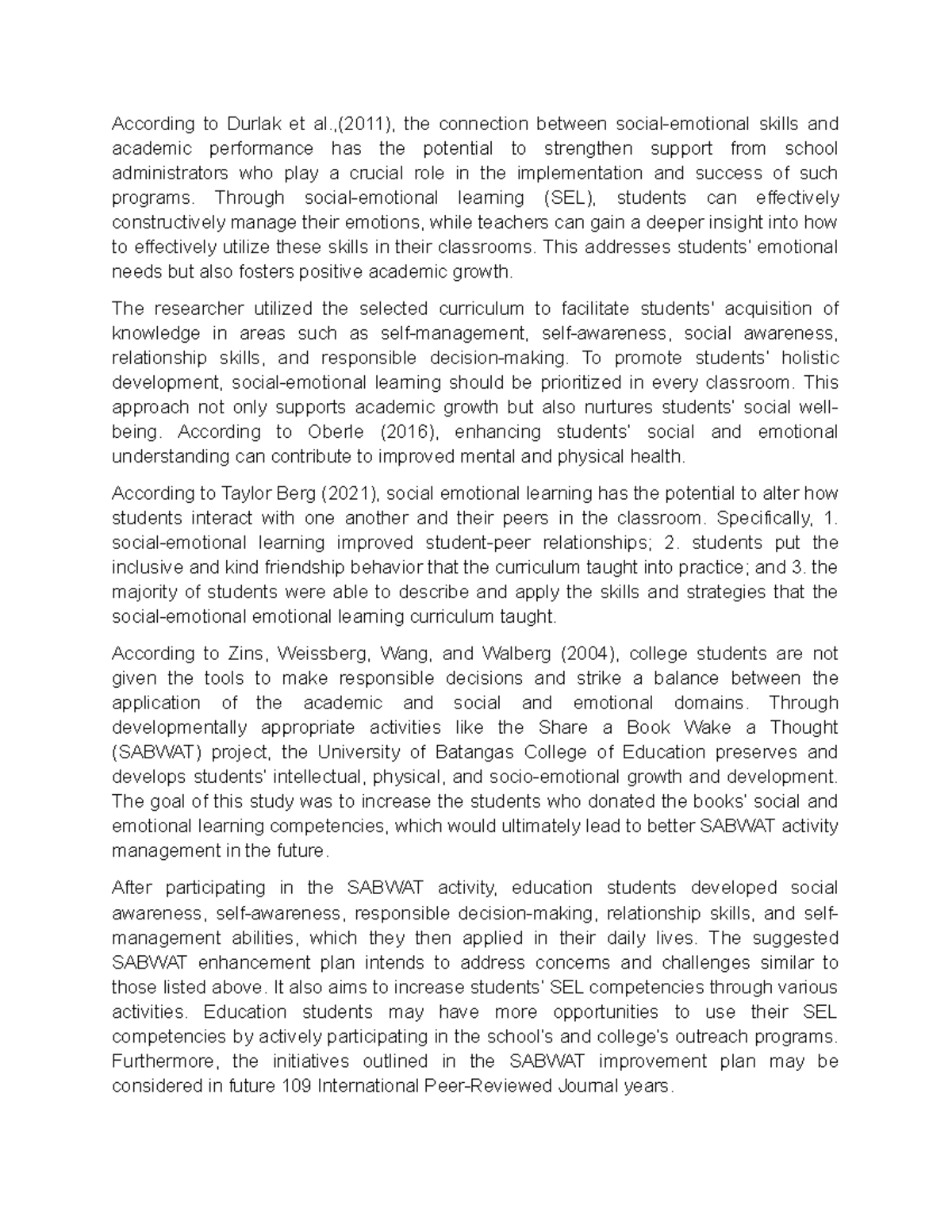 RRL - rrl - According to Durlak et al.,(2011), the connection between ... RRL - rrl - According to Durlak et al.,(2011), the connection between ...