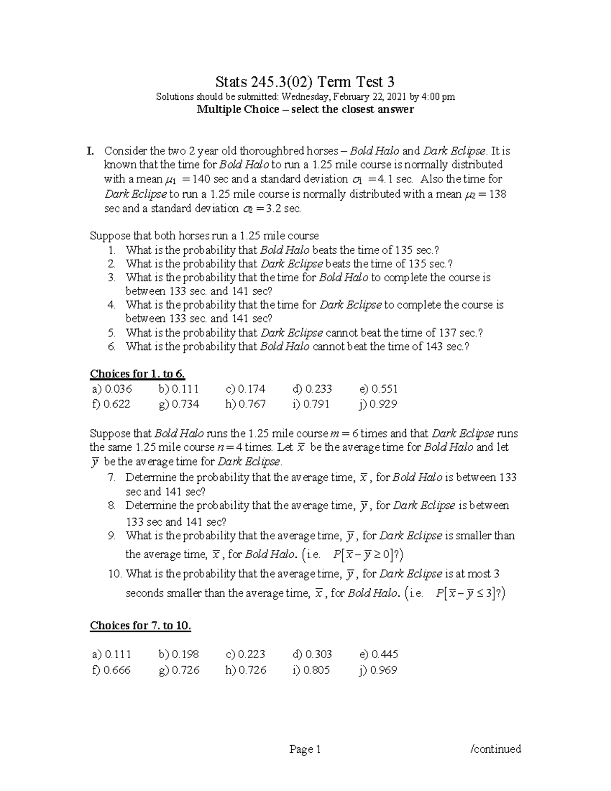 Stats 245.3(02) Term Test 3 Solutions - Studocu