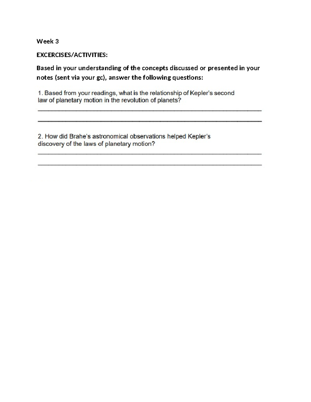 Week-3 - Activity sheet - BSED science 4D - Week 3 EXCERCISES ...