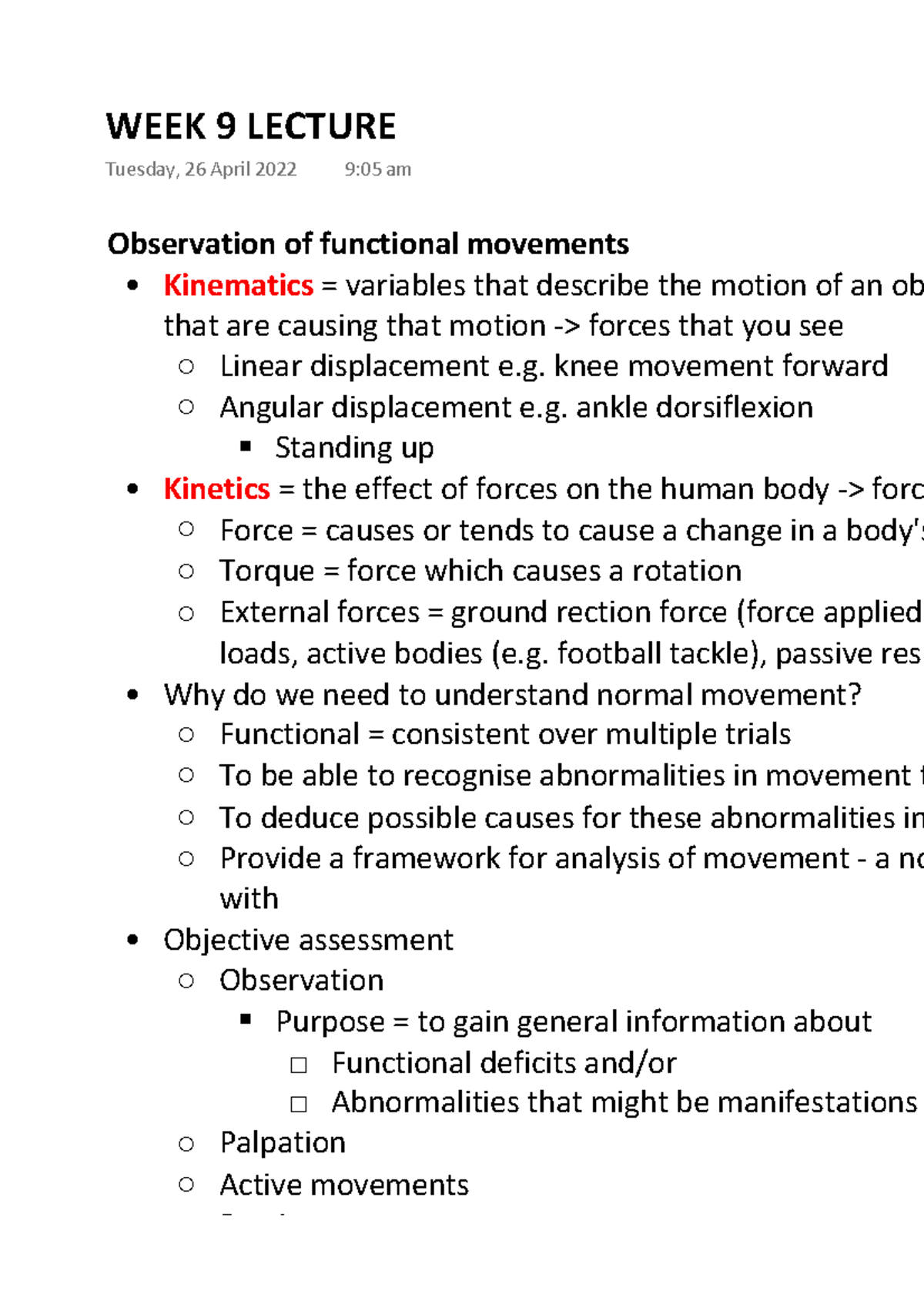 WEEK 9 Lecture - Observation of functional movements Kinematics ...