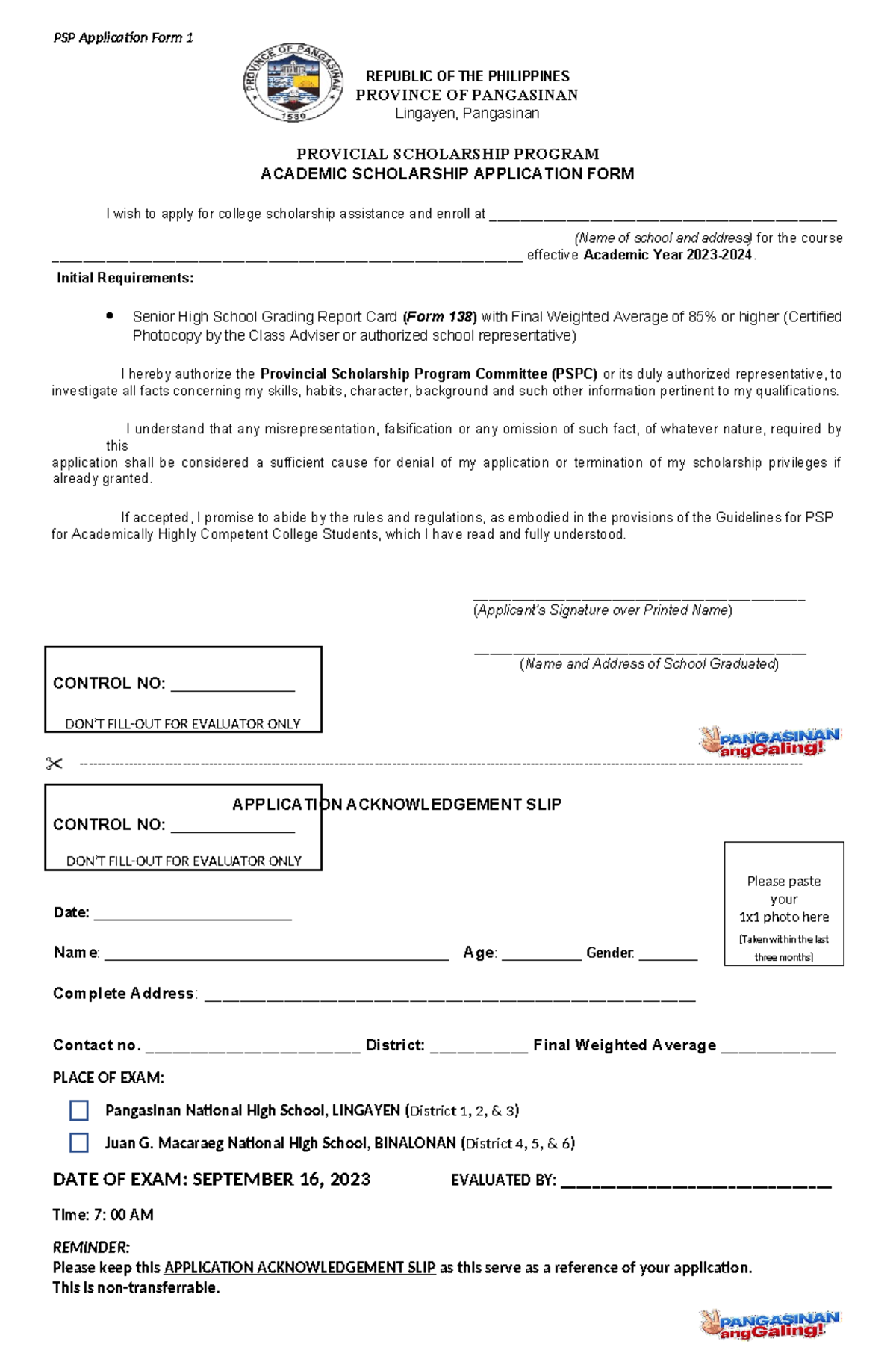 PSP Application Form 1 and Admission Slip - PSP Application Form 1 ...