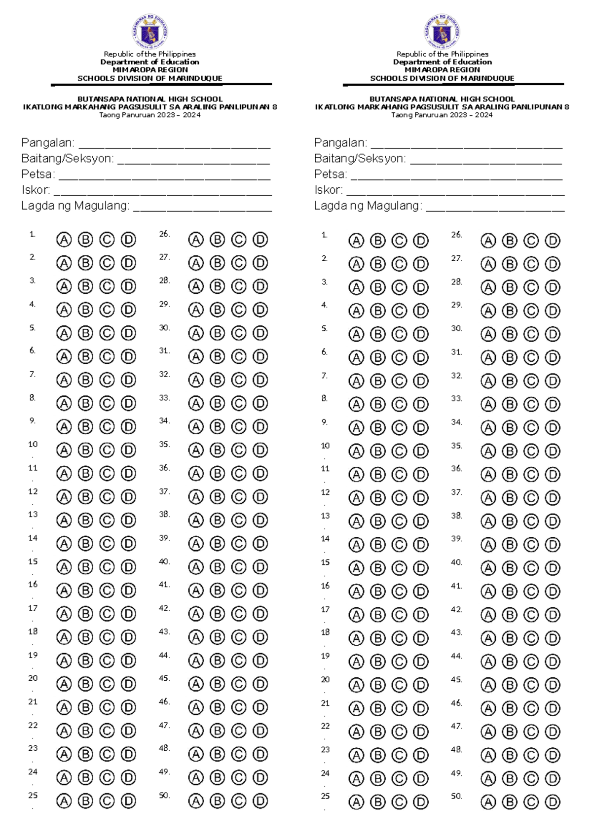 Answer Sheet - Republic of the Philippines Department of Education ...