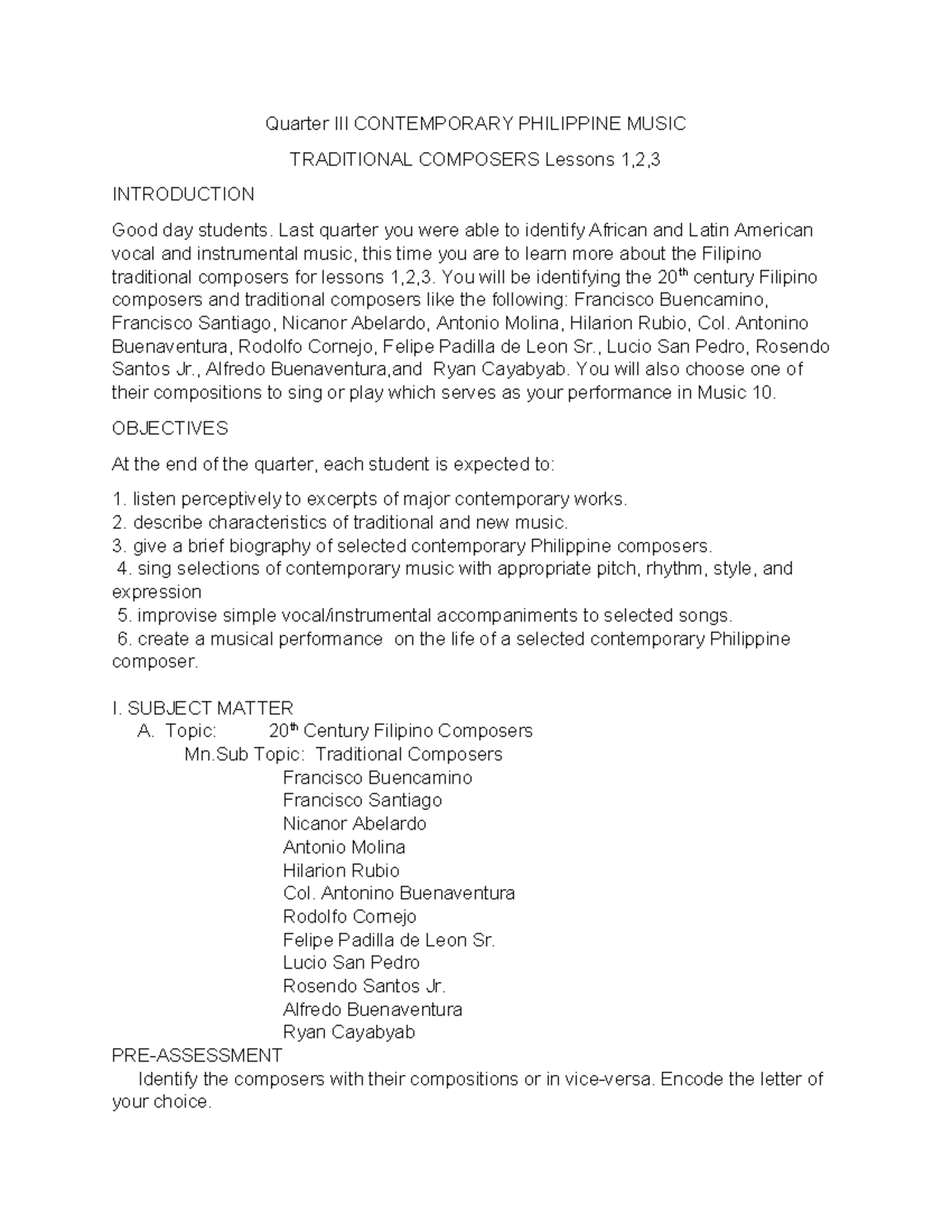 3rd Quarter Module in Music 10 Part1 - Quarter III CONTEMPORARY ...