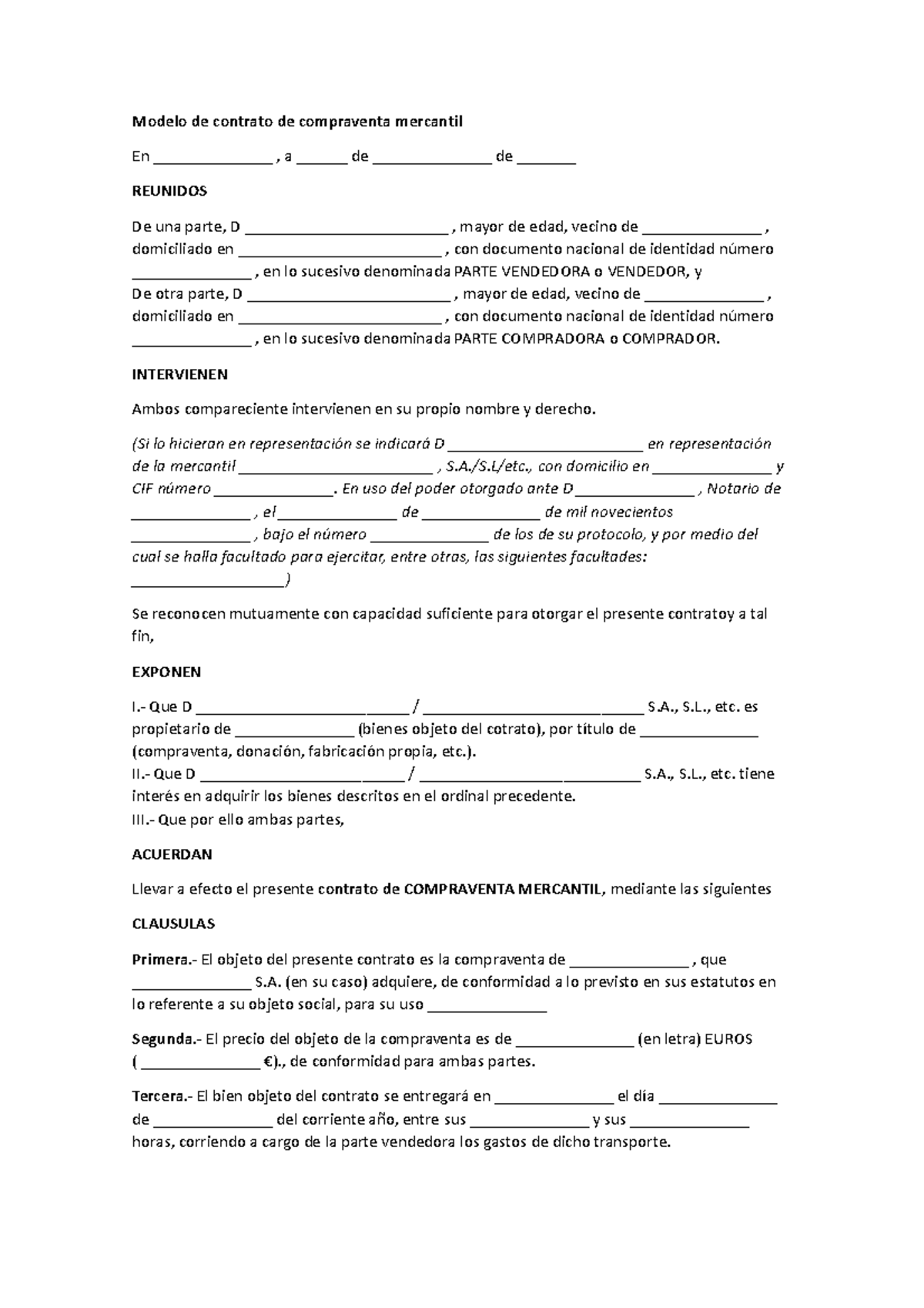 Modelo De Contrato De Compraventa Mercantil Intervienen Ambos