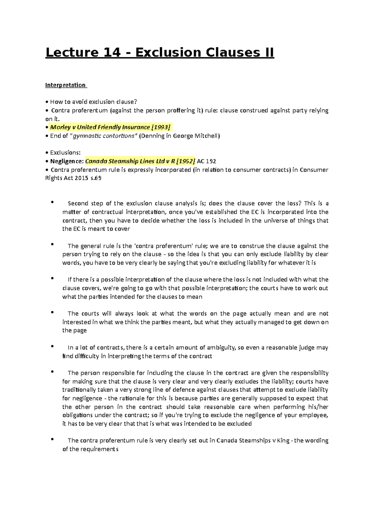 Lecture 14 - Exclusion Clauses I - Morley v United Friendly Insurance ...