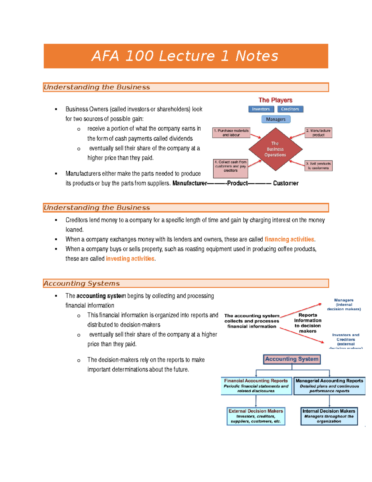 AFA 100 Chapter 1 Notes - AFA 100 Lecture 1 Notes Understanding the ...