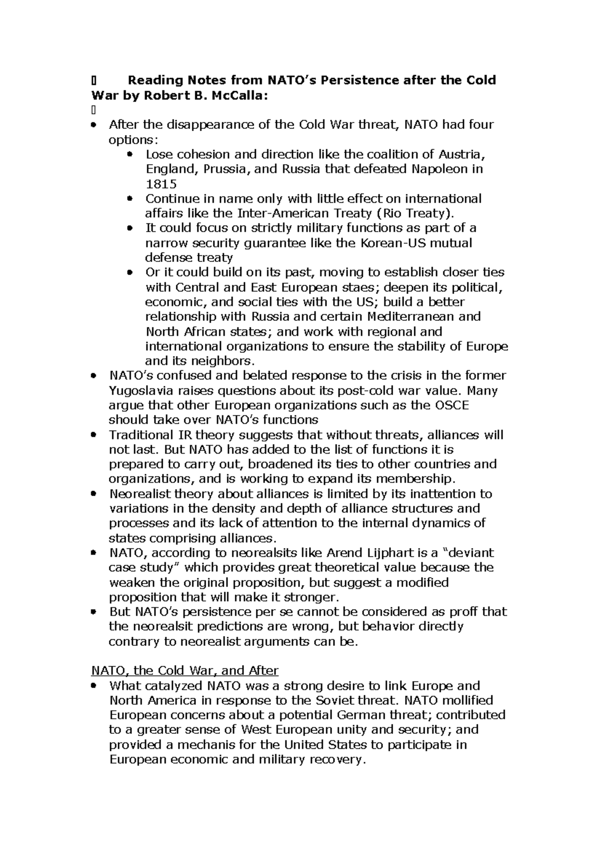 NATO Reading Notes - Reading Notes from NATO’s Persistence after the ...